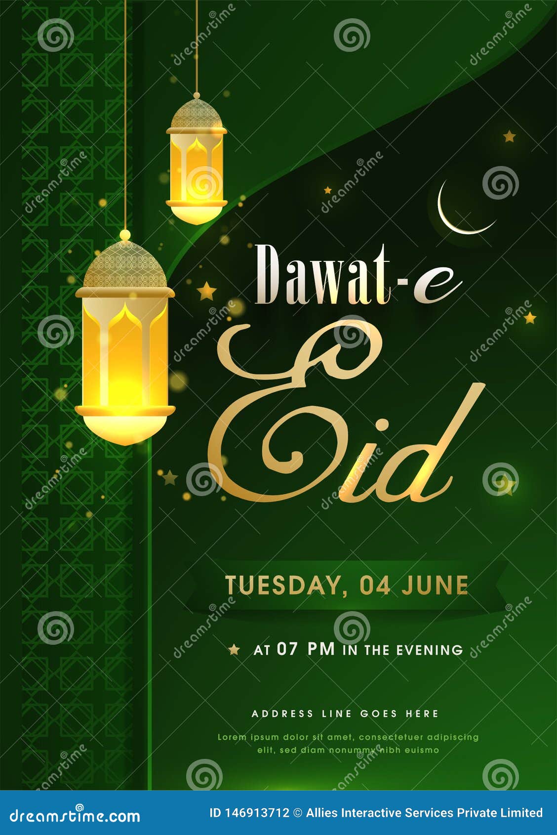 Dawat-E-Eid Invitation Card Design With Crescent Moon And Hanging ...