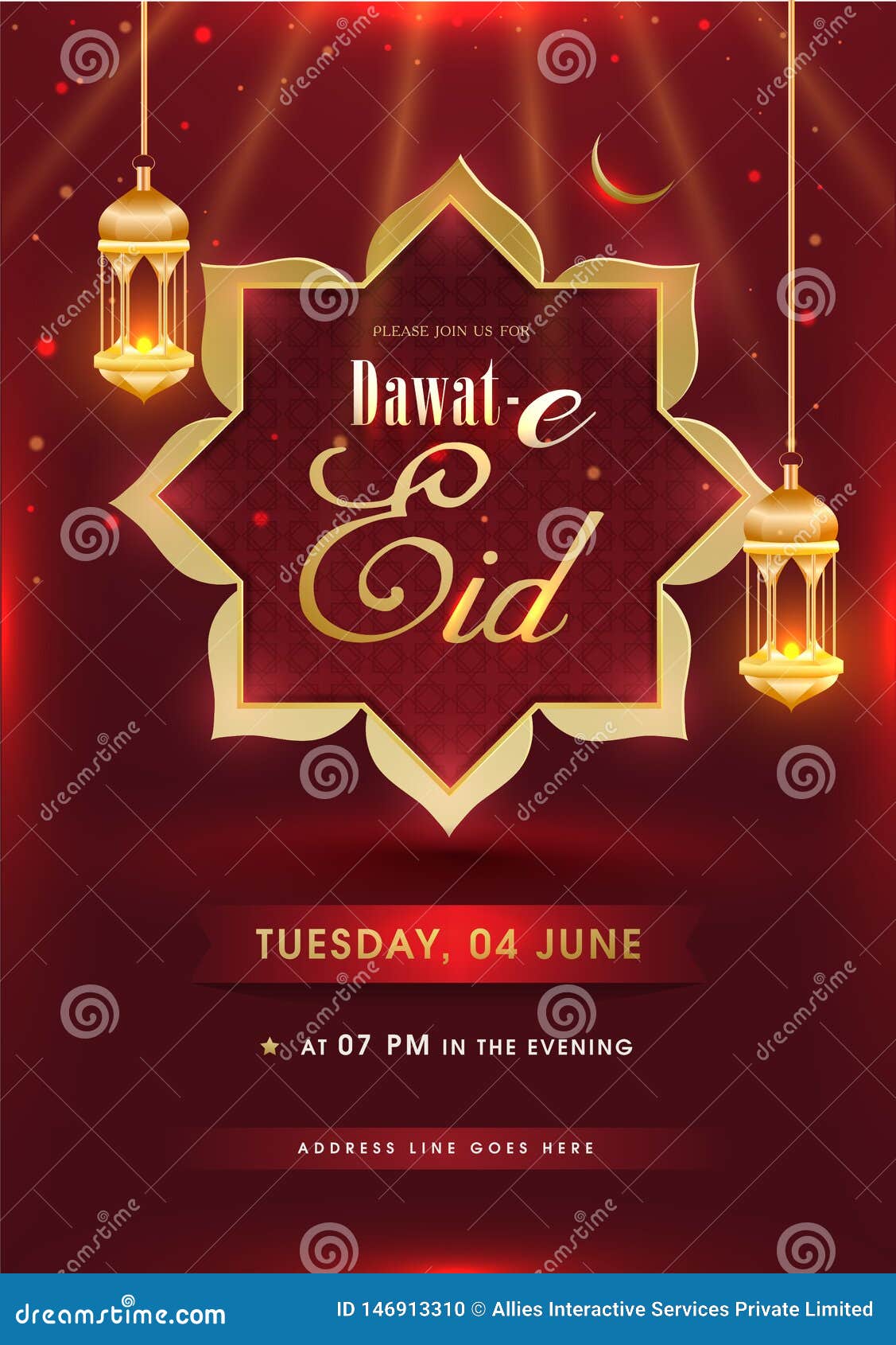 Dawat-E-Eid Invitation Card Design With Crescent Moon And Hanging ...