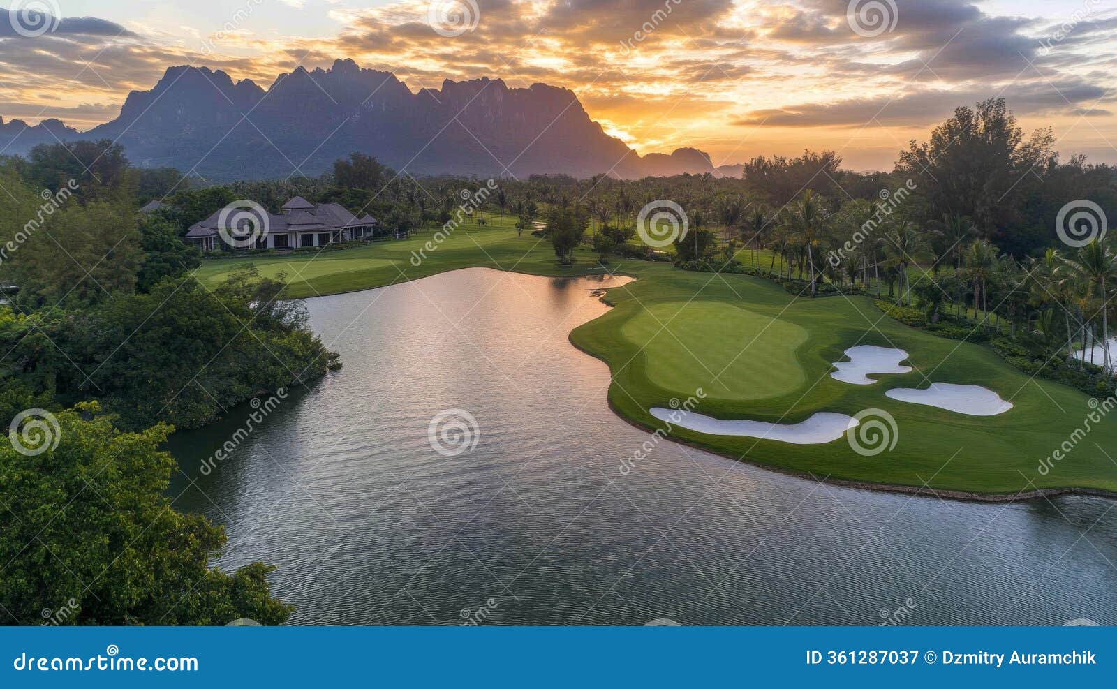 Dawn Breaks Over a Tropical Golf Course, with Mountains in the ...