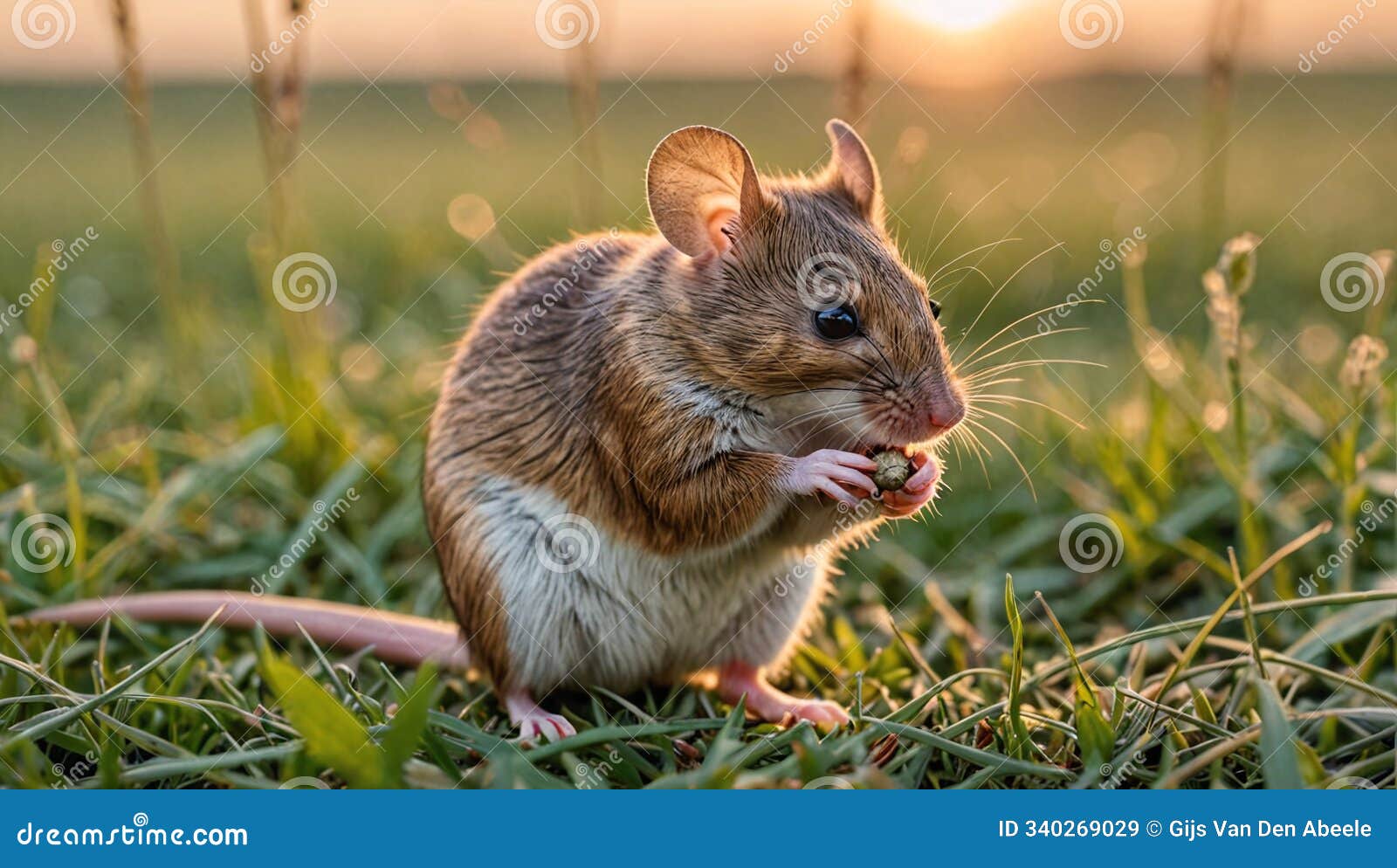Dawn Encounter Tiny Mouse Feasting On Seed In Grassy Field Stock Photo ...