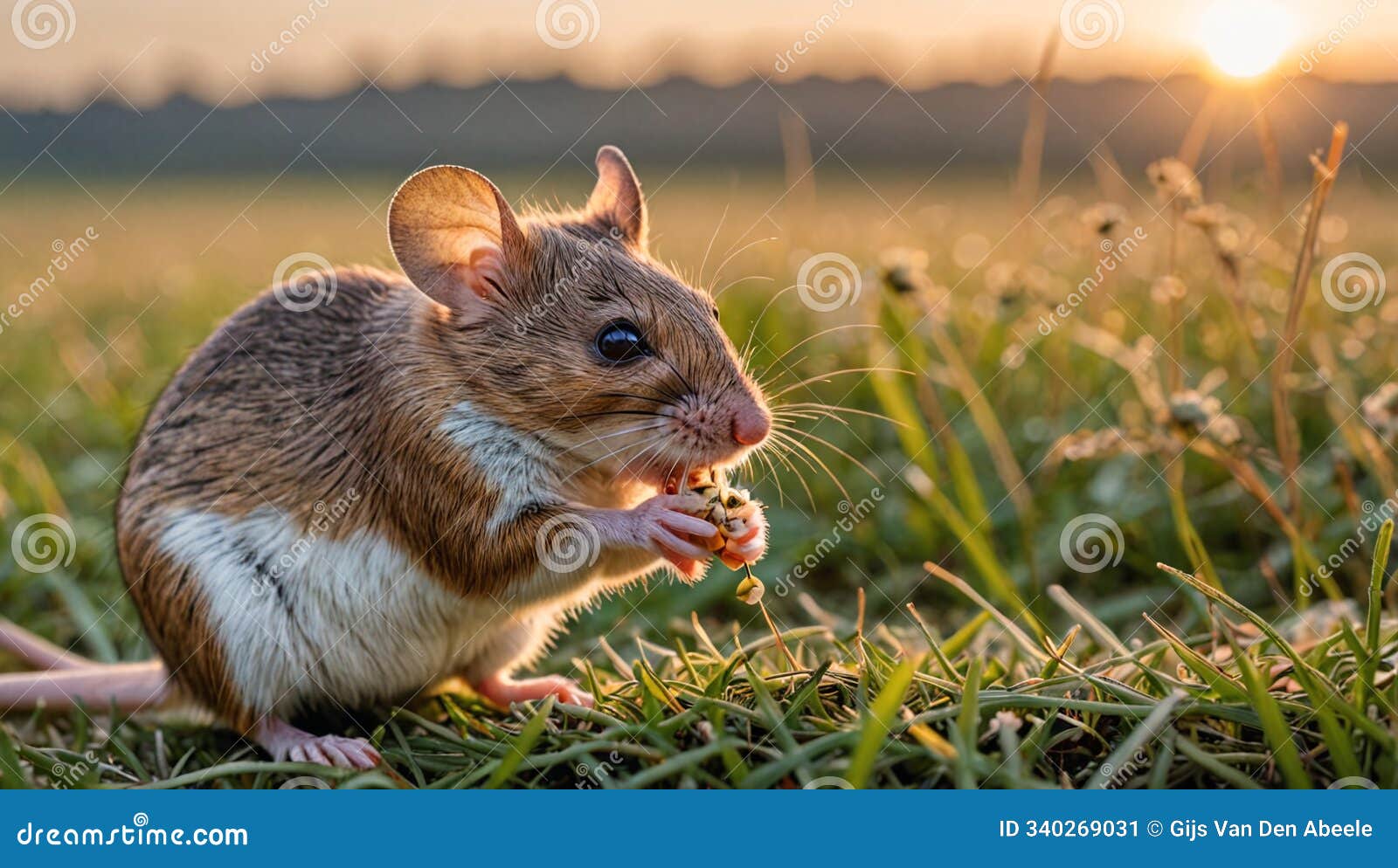 Dawn Encounter Tiny Mouse Feasting On Seed In Grassy Field Stock Photo ...