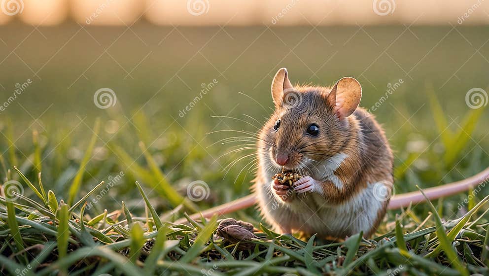 Dawn Encounter Tiny Mouse Feasting on Seed in Grassy Field Stock ...
