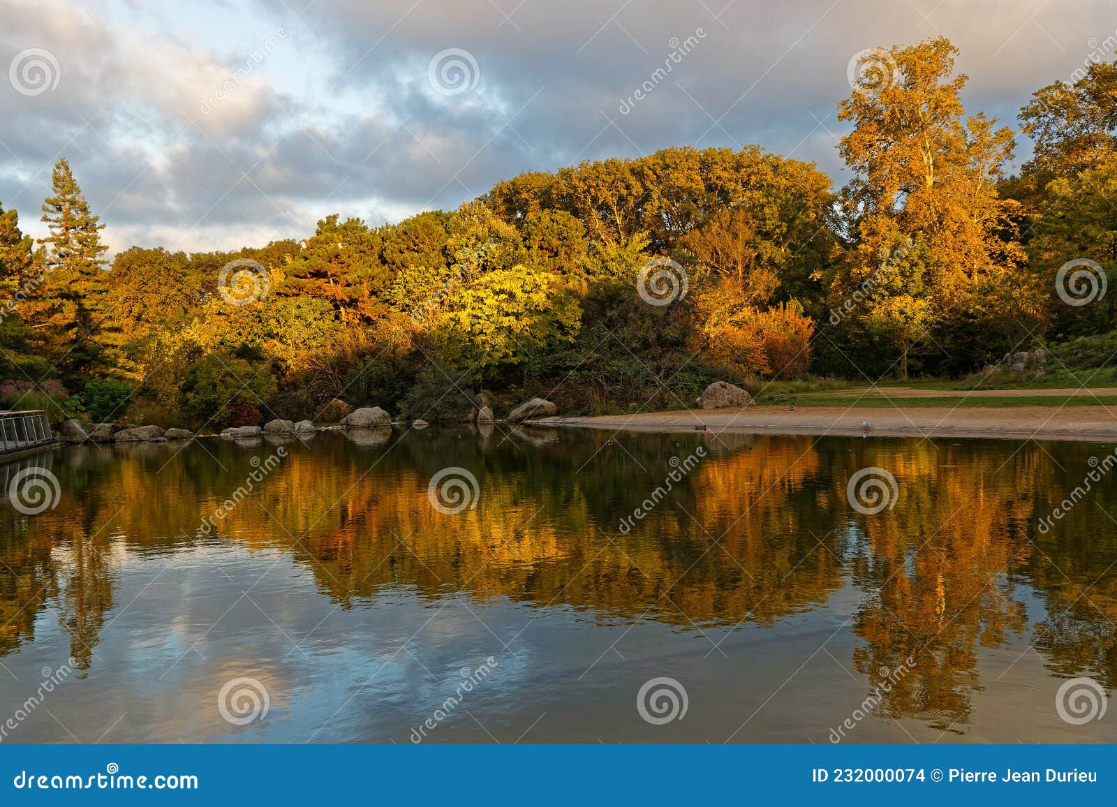 Dawn on the Fall Colors with Relections on the Pond Stock Photo - Image ...