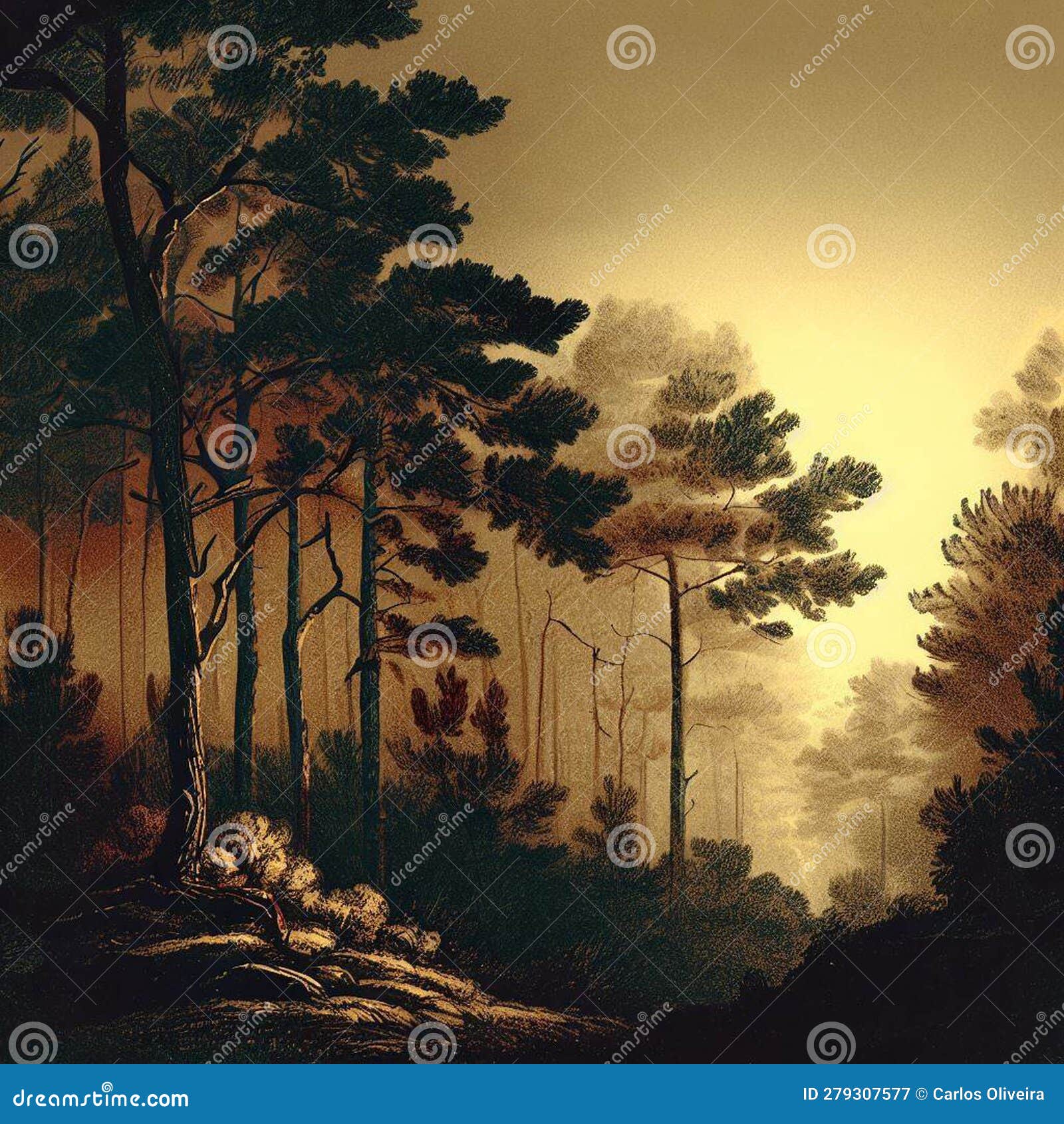Dawn in the Forest of Endless Silence Stock Illustration - Illustration of woods, generated ...
