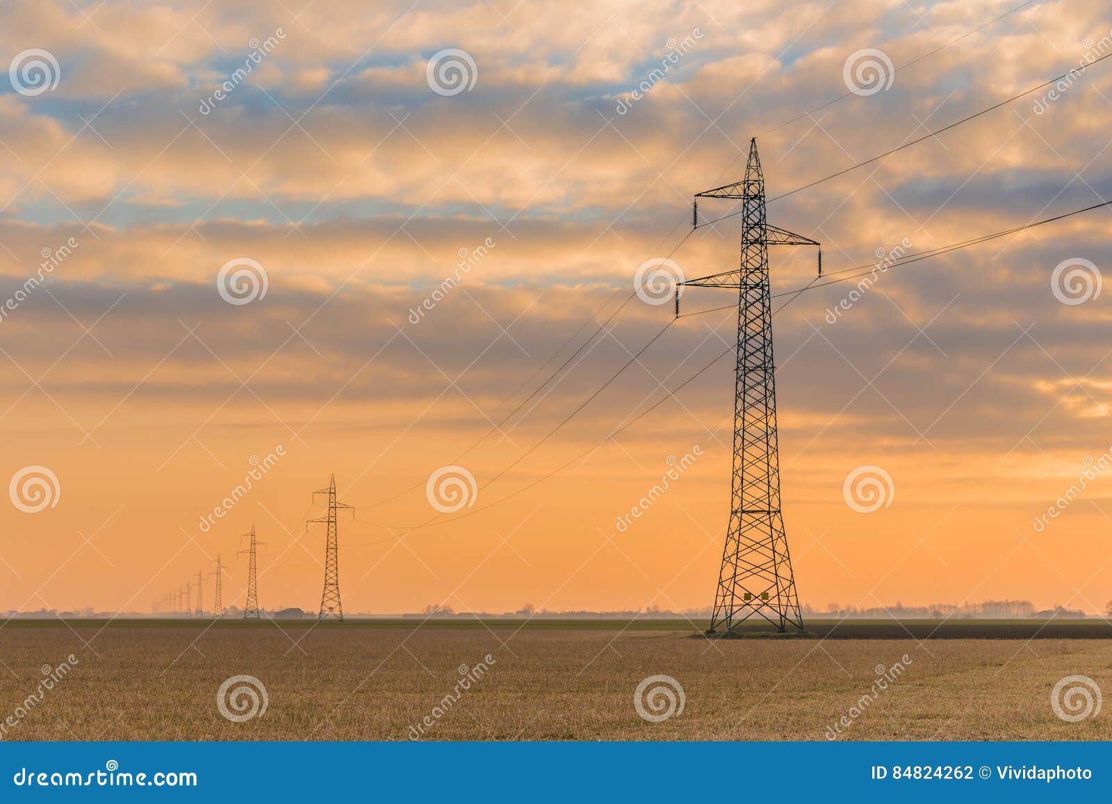 Dawn On High Voltage Pylons Stock Photo | CartoonDealer.com #84824262