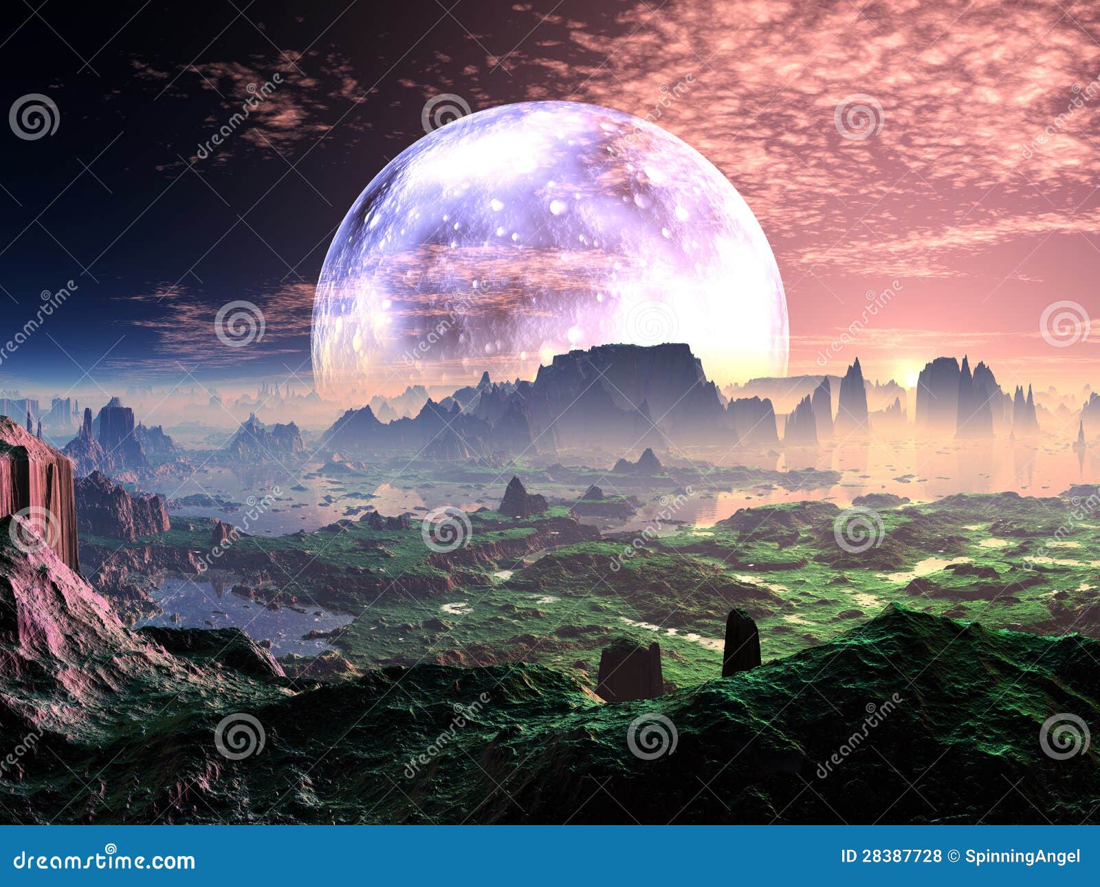 Dawn on Idyllic Earth-like Planet Stock Illustration - Illustration of ...