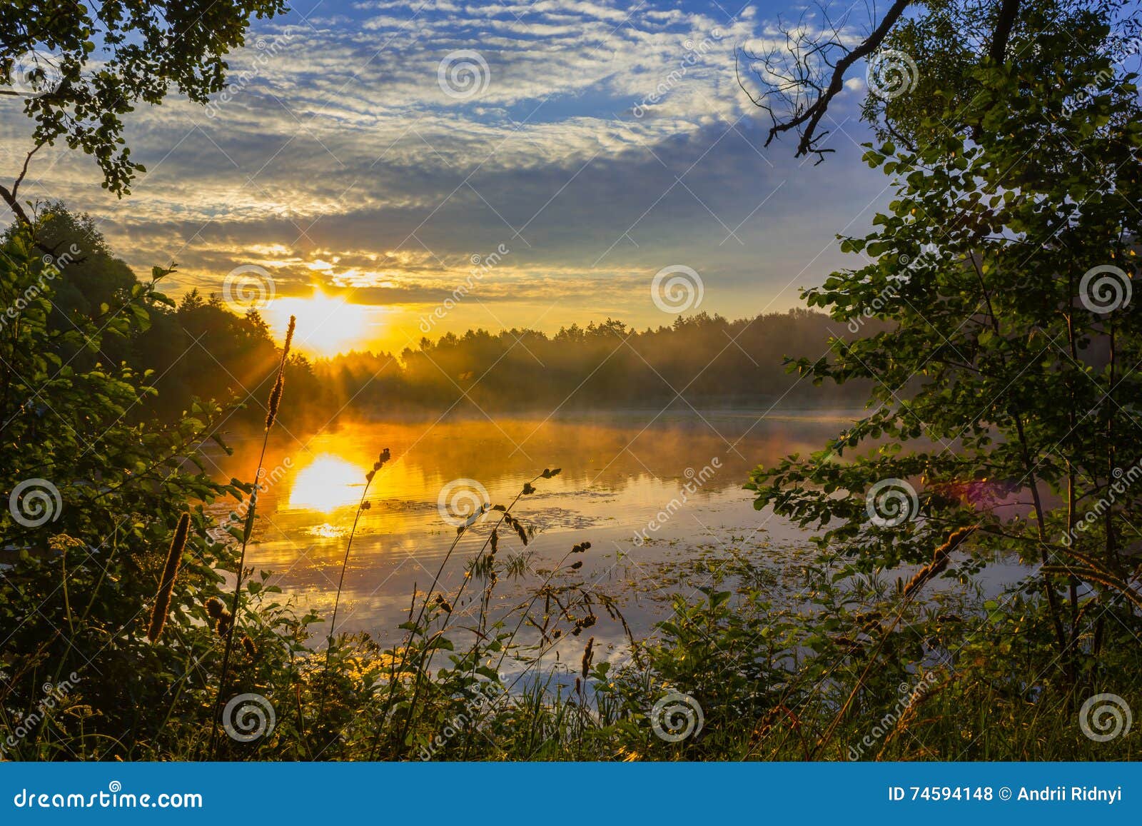 Dawn on the lake stock photo. Image of energy, reflection - 74594148
