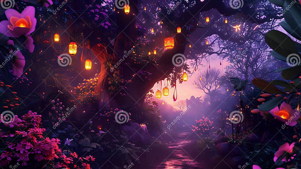 Dawn Lanterns in the Ancient Grove Stock Photo - Image of magical, life ...