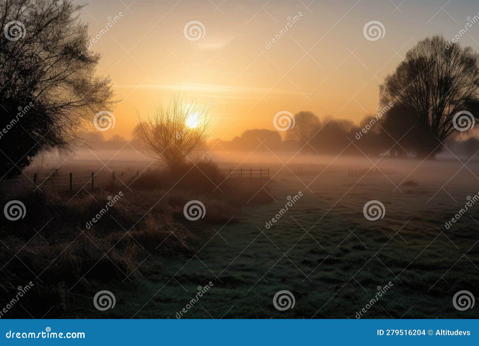 Dawn Mist Hanging in the Air Over the Meadows, with the Sun Rising ...