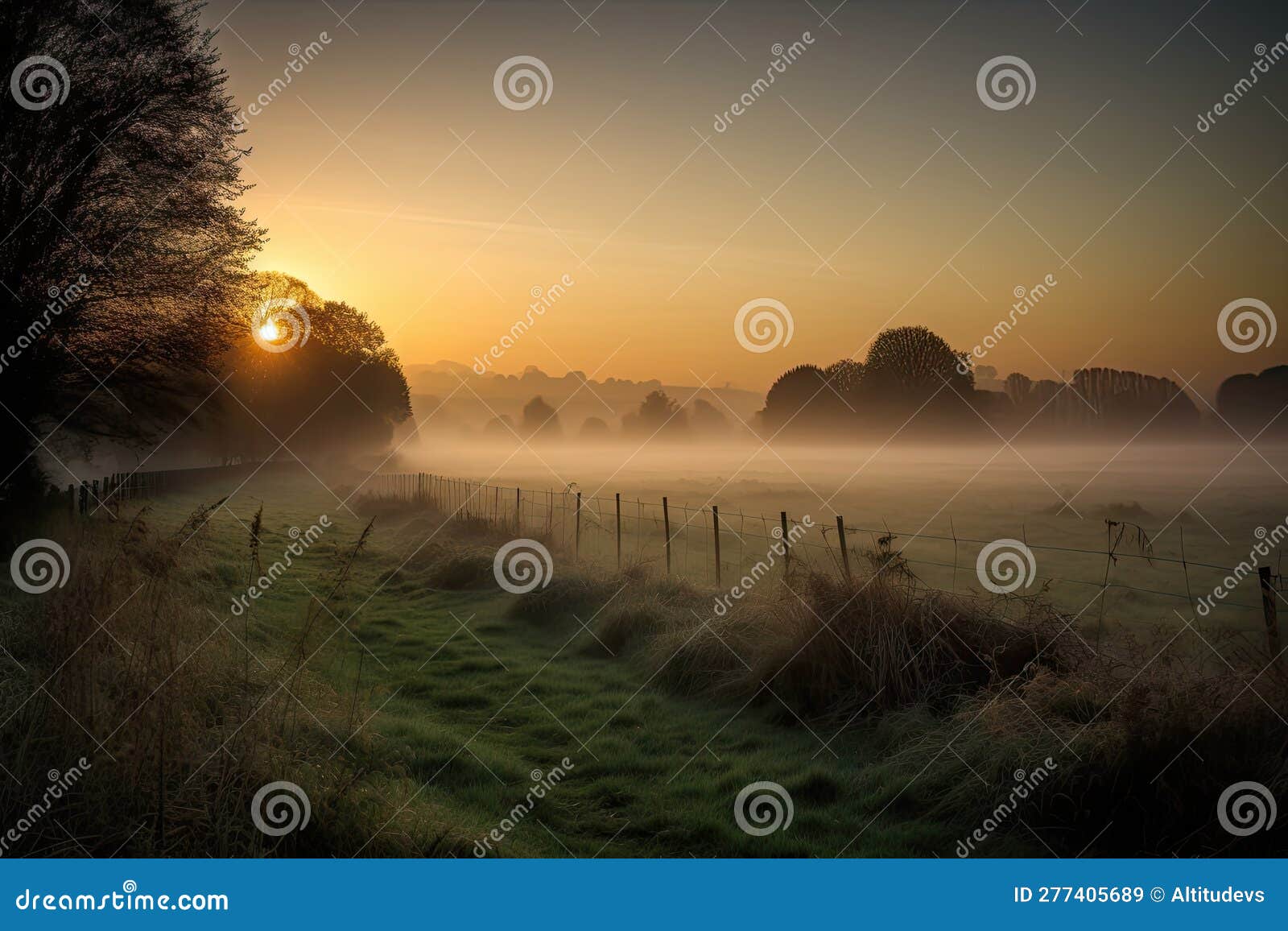 Dawn, with Mist Rolling Across the Meadows and the Sun Peeking Over the ...