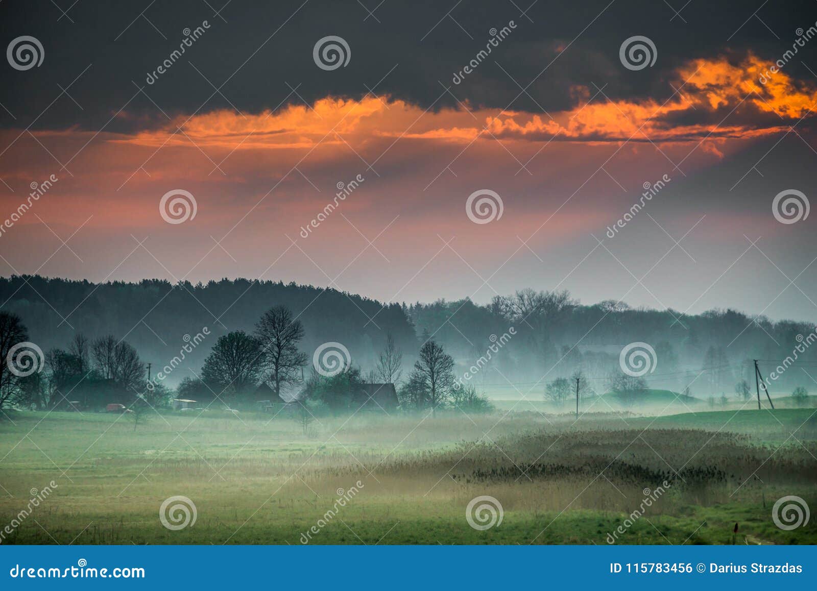 Dawn at Misty Rural Landscape Stock Photo - Image of scenic, mist ...