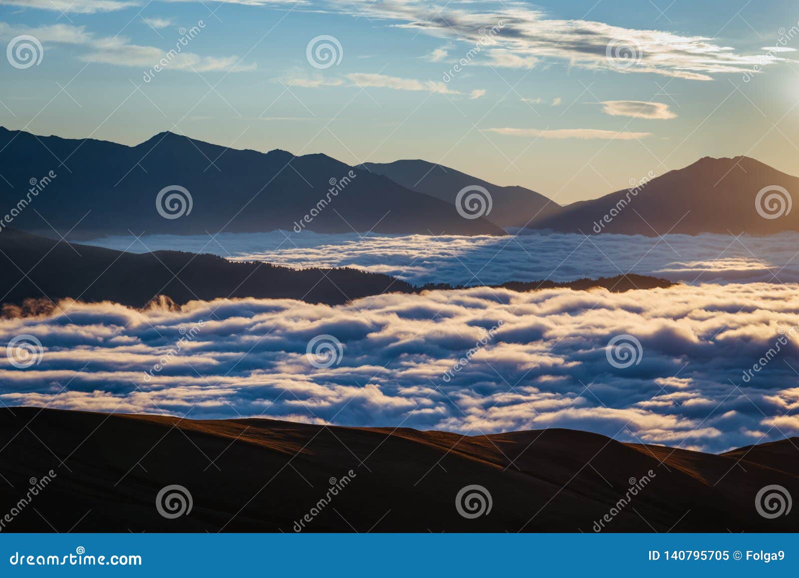 Dawn in the Mountains, of the Cloud Below in the Valley Stock Image ...