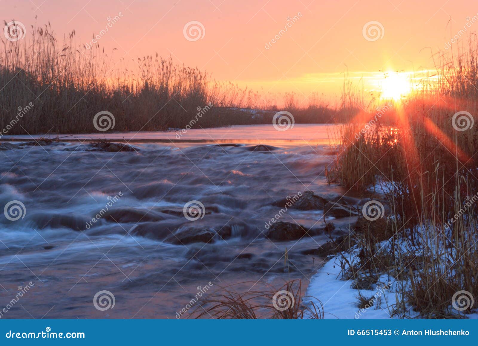 Dawn Over Rushing Winter River Stock Image - Image of waterfall ...