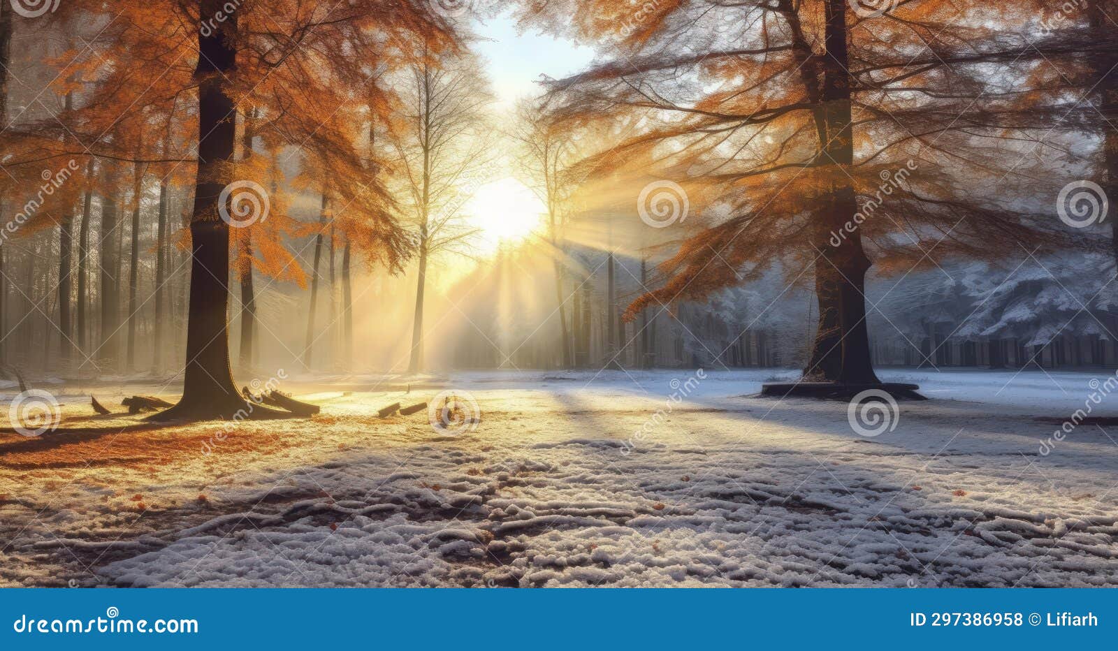 Dawn S Radiance. Sun Rays Peeking through Snow-Covered Trees Stock ...