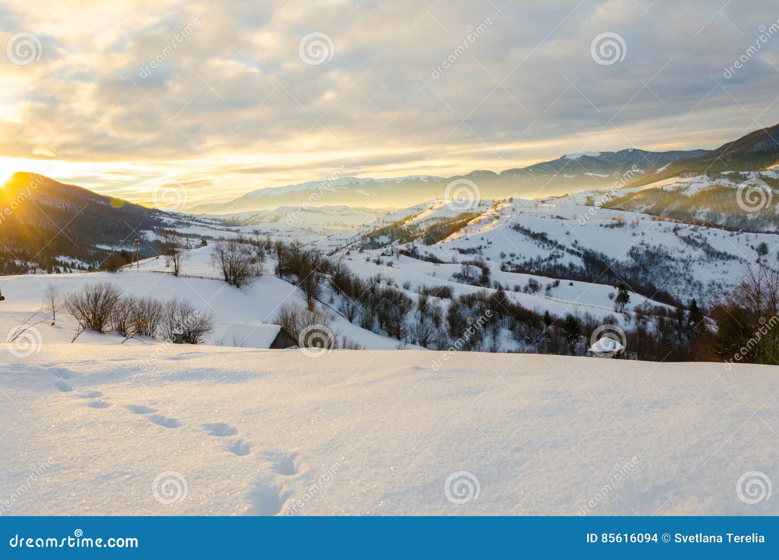 Dawn Sunlight Winter Morning. a View of the Winter Mountains Stock ...