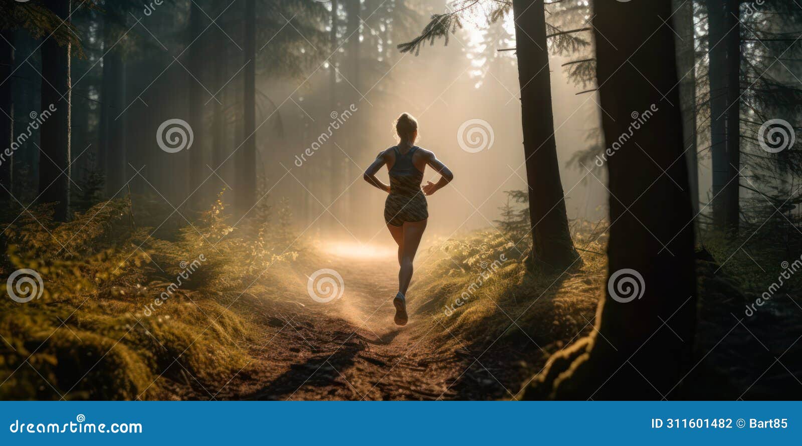 Dawn Trail Run Woman Conquering the Forest with Determination and ...