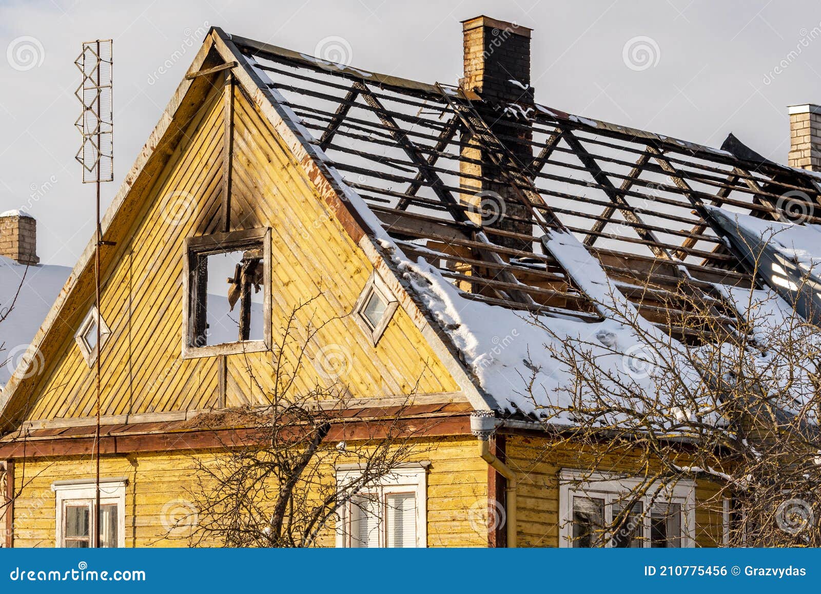 Day after a Big Fire in a Roof of a House Stock Photo - Image of ...