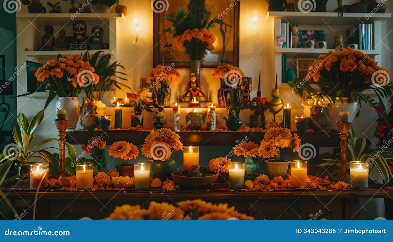 Colorful Ofrenda Set Up in a Home Stock Illustration - Illustration of ...