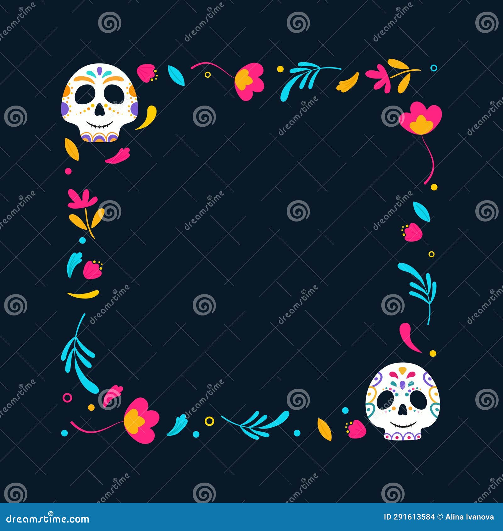 Day of Dead Frame. Mexican Frame with Flowers and Calavera Skull Stock ...