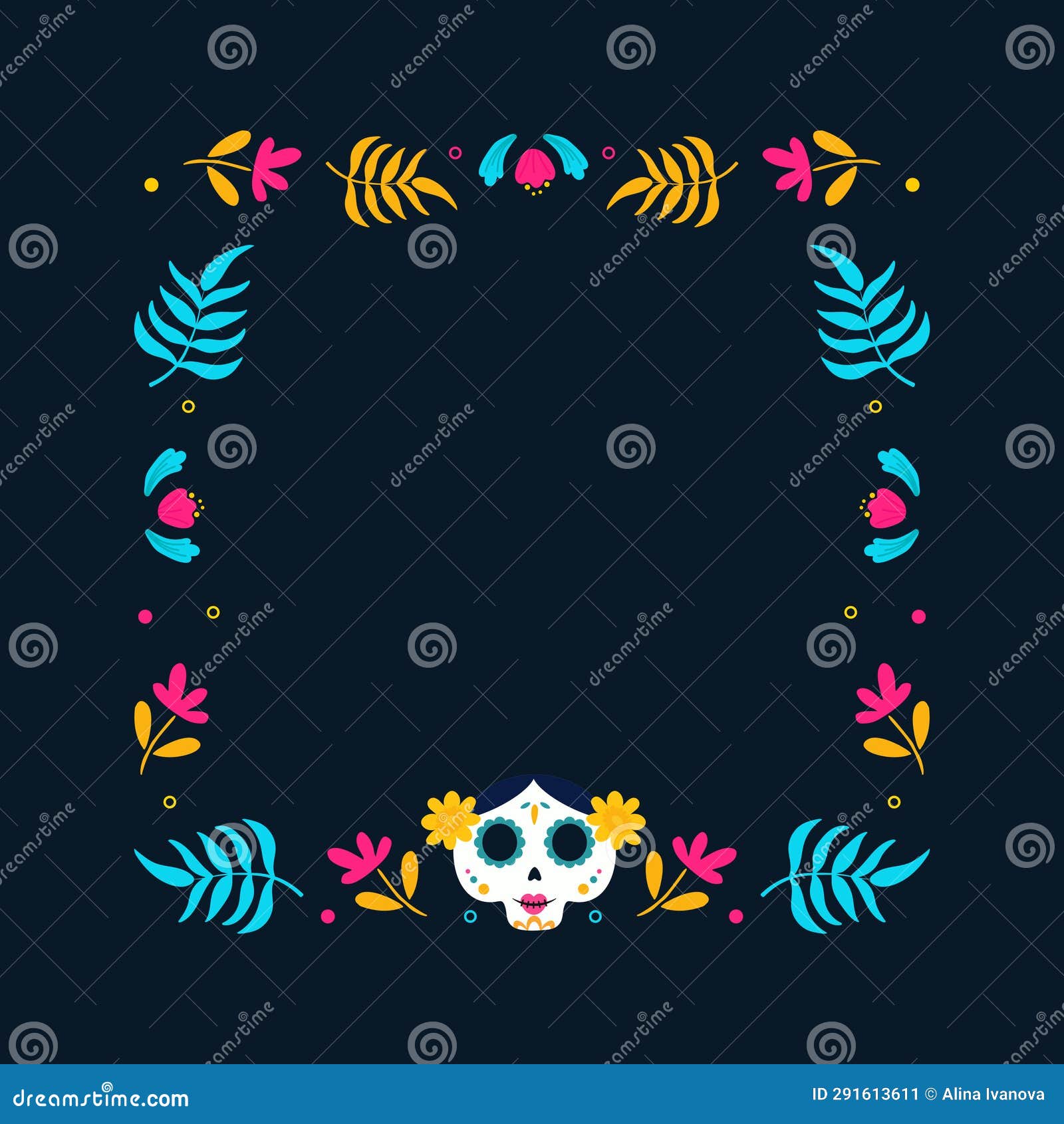 Day of Dead Frame. Mexican Frame with Flowers and Calavera Skull Stock ...