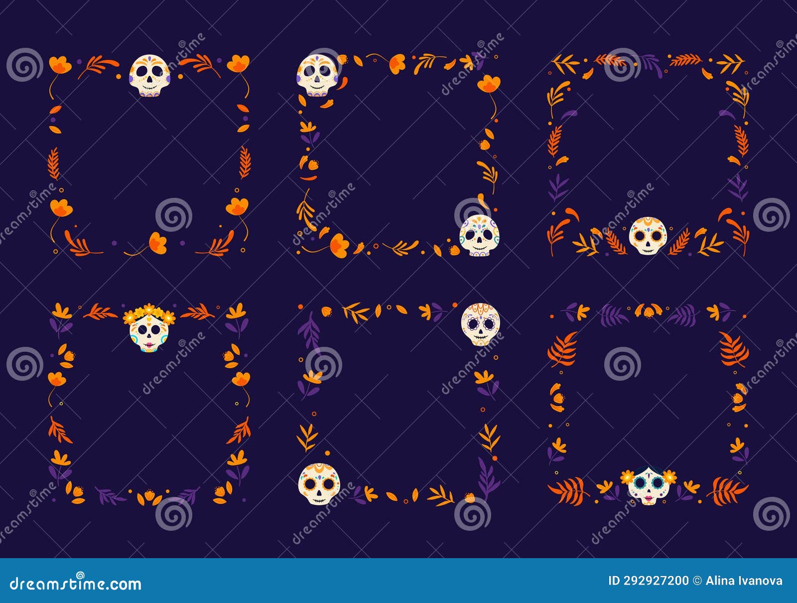 Day of Dead Frames Collection. Mexican Frame with Flowers and Calavera ...