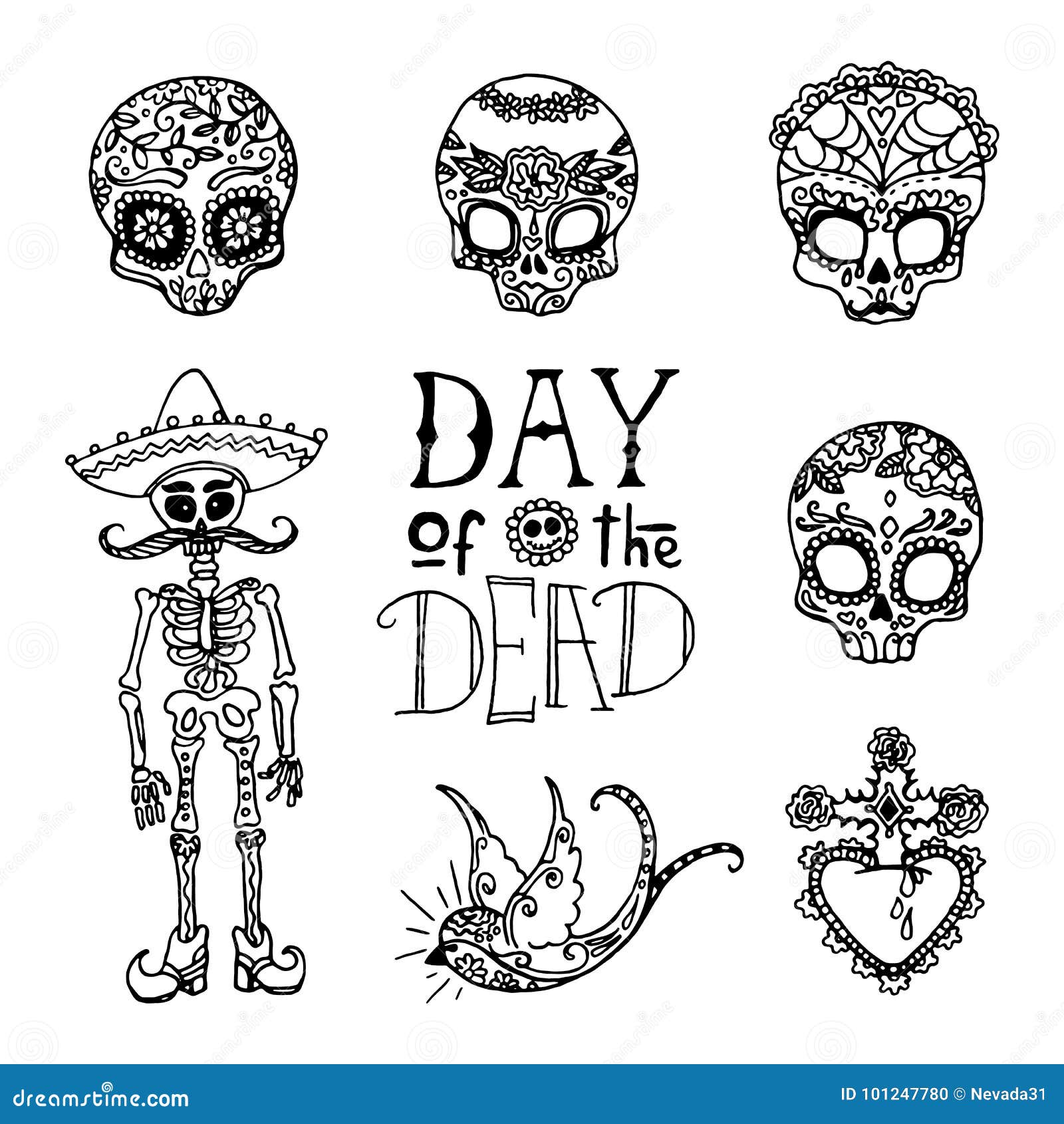 Day of the Dead Hand Sketched Doodles Stock Illustration - Illustration ...