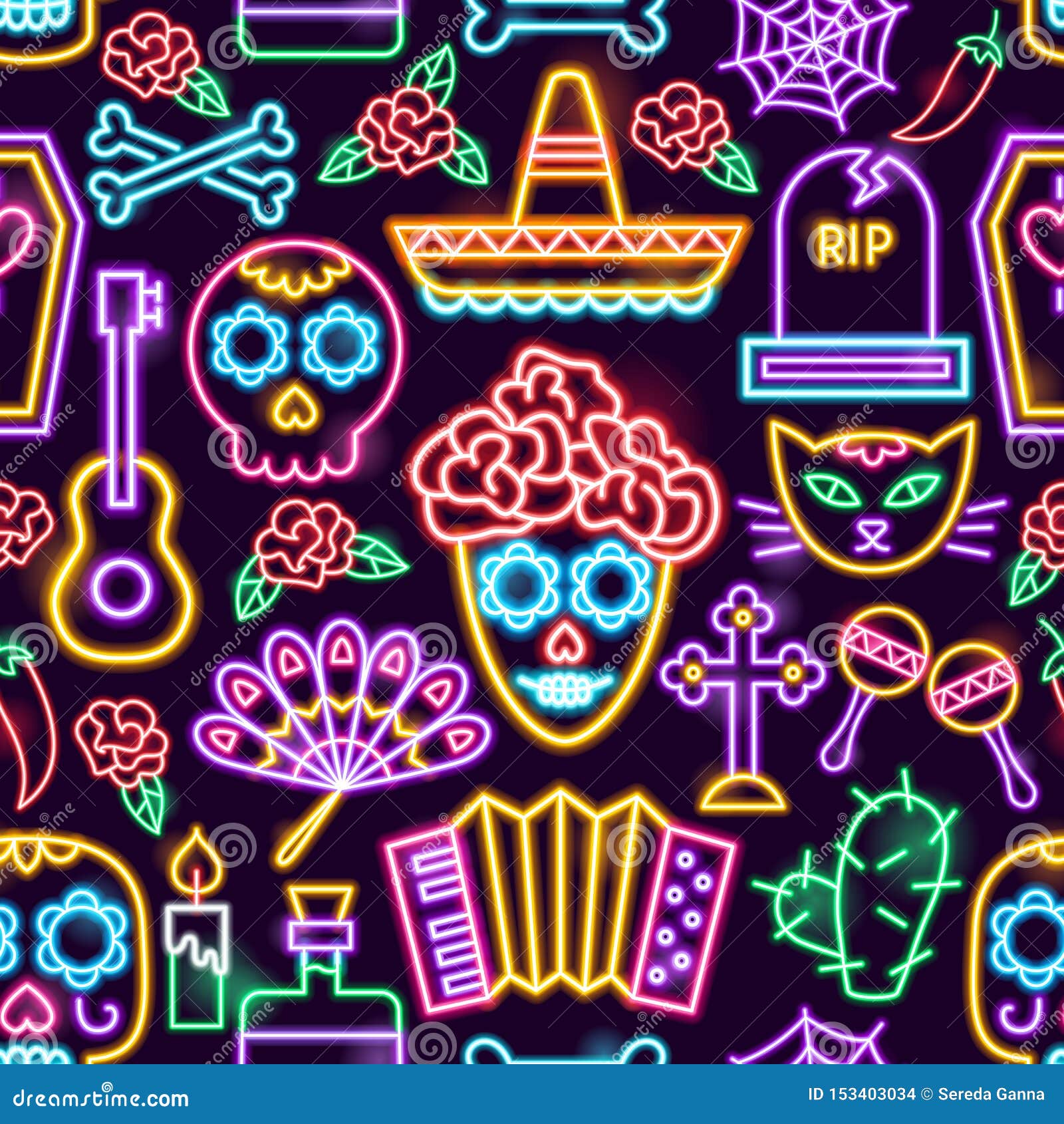 Day Of The Dead Neon Signs Set Vector. Dia De Los Moertos Neon Icons ...