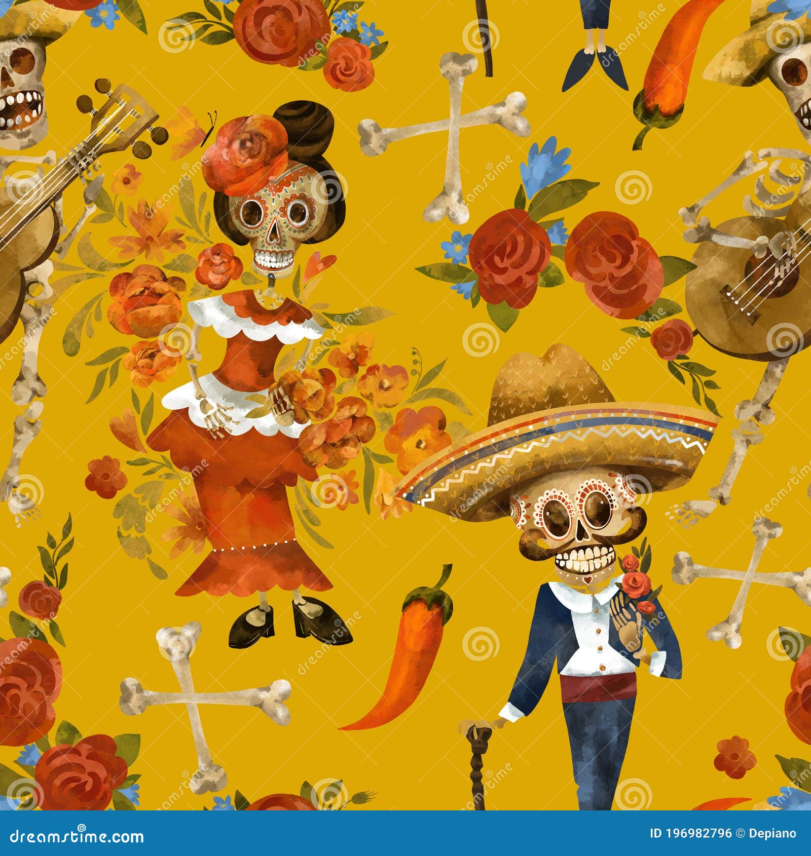 Day Of The Dead Seamless Pattern. Sugar Skull Texture, Dancing Skeleton ...