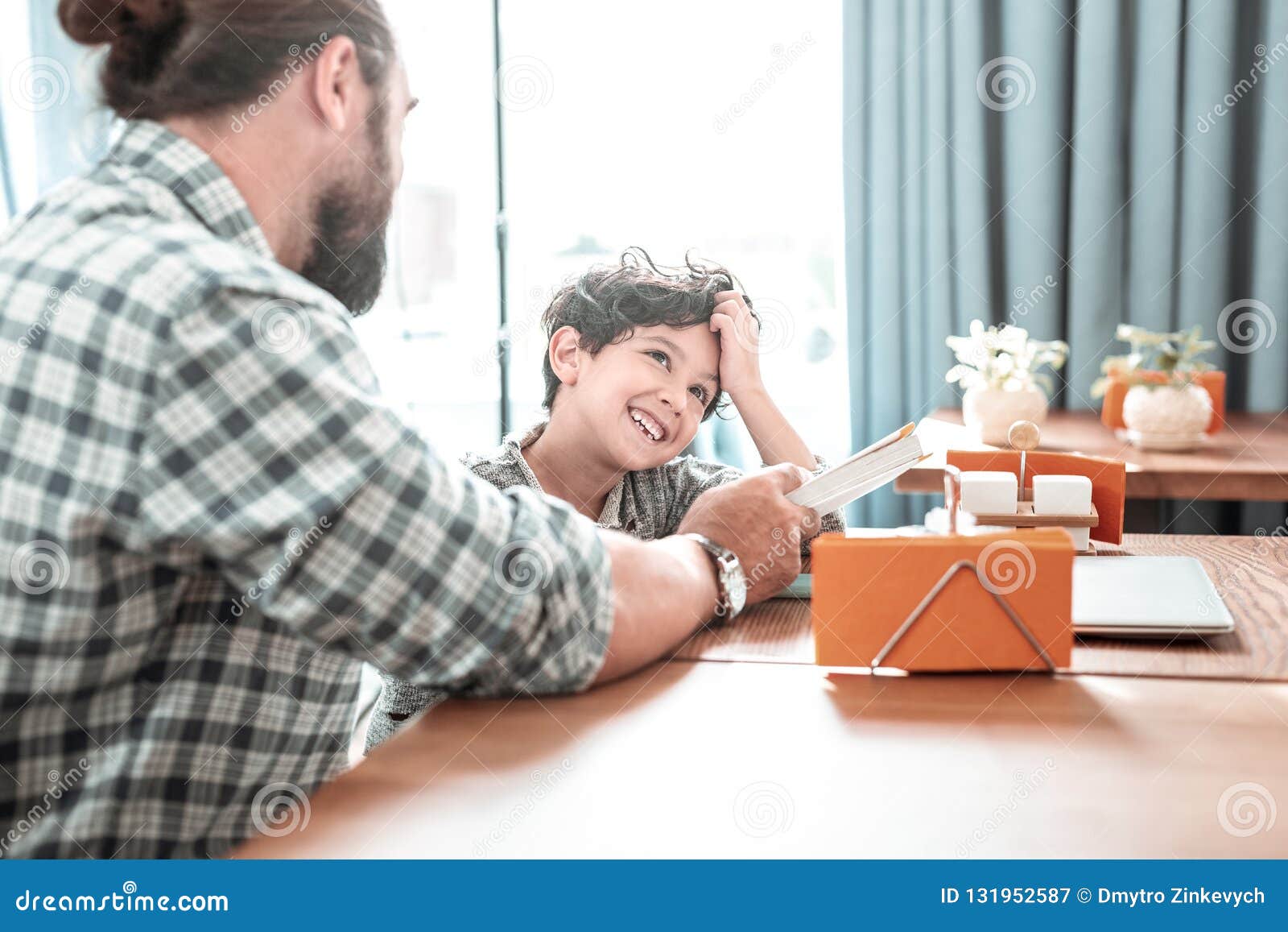 Funny Laughing Dark-haired Son Feeling Happy Spending Day with Father ...