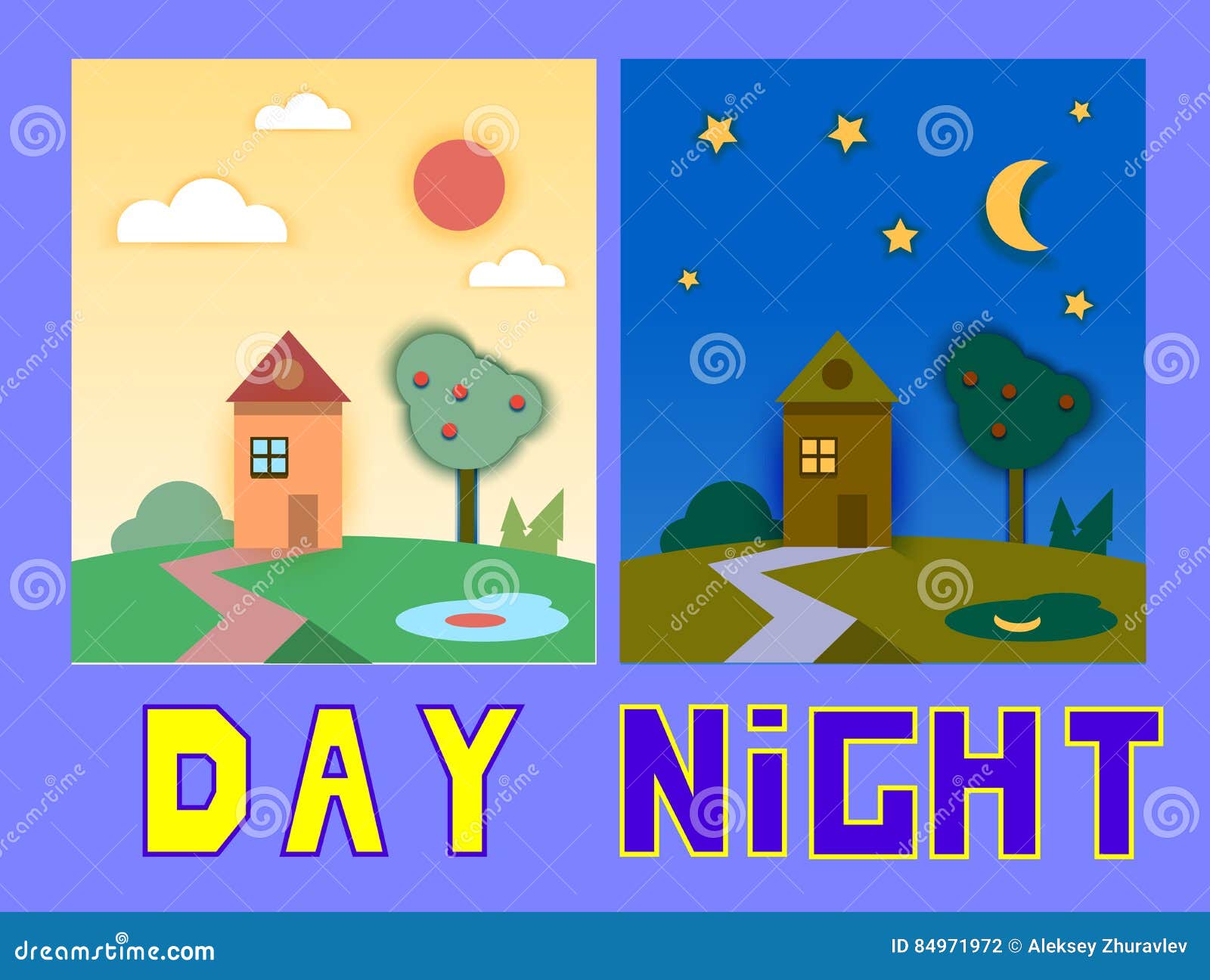 Day and Night Houses with Trees. Flat Style Vector Illustration. Stock ...