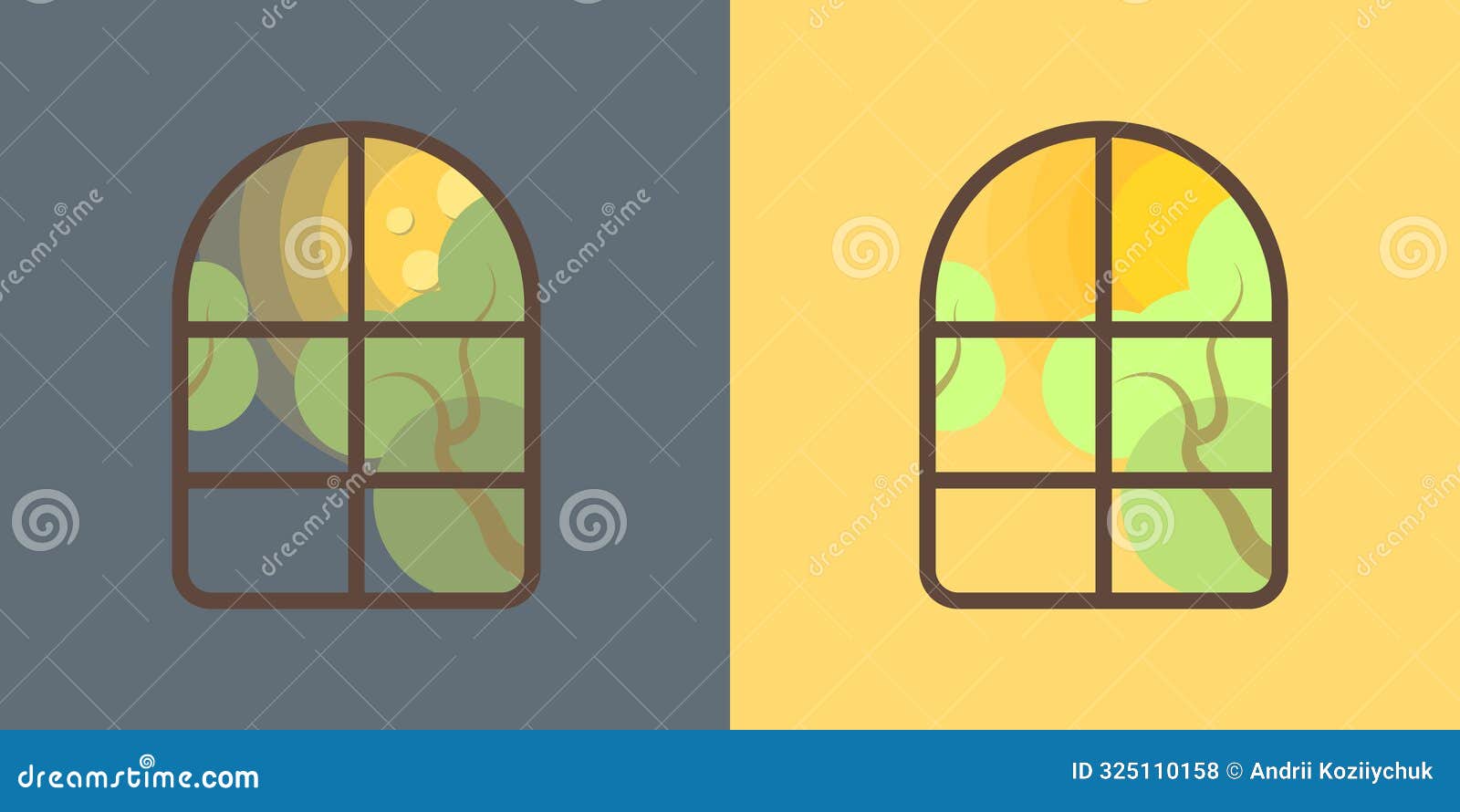Day and Night Outside the Window Vector Icons. Windows with Landscape ...