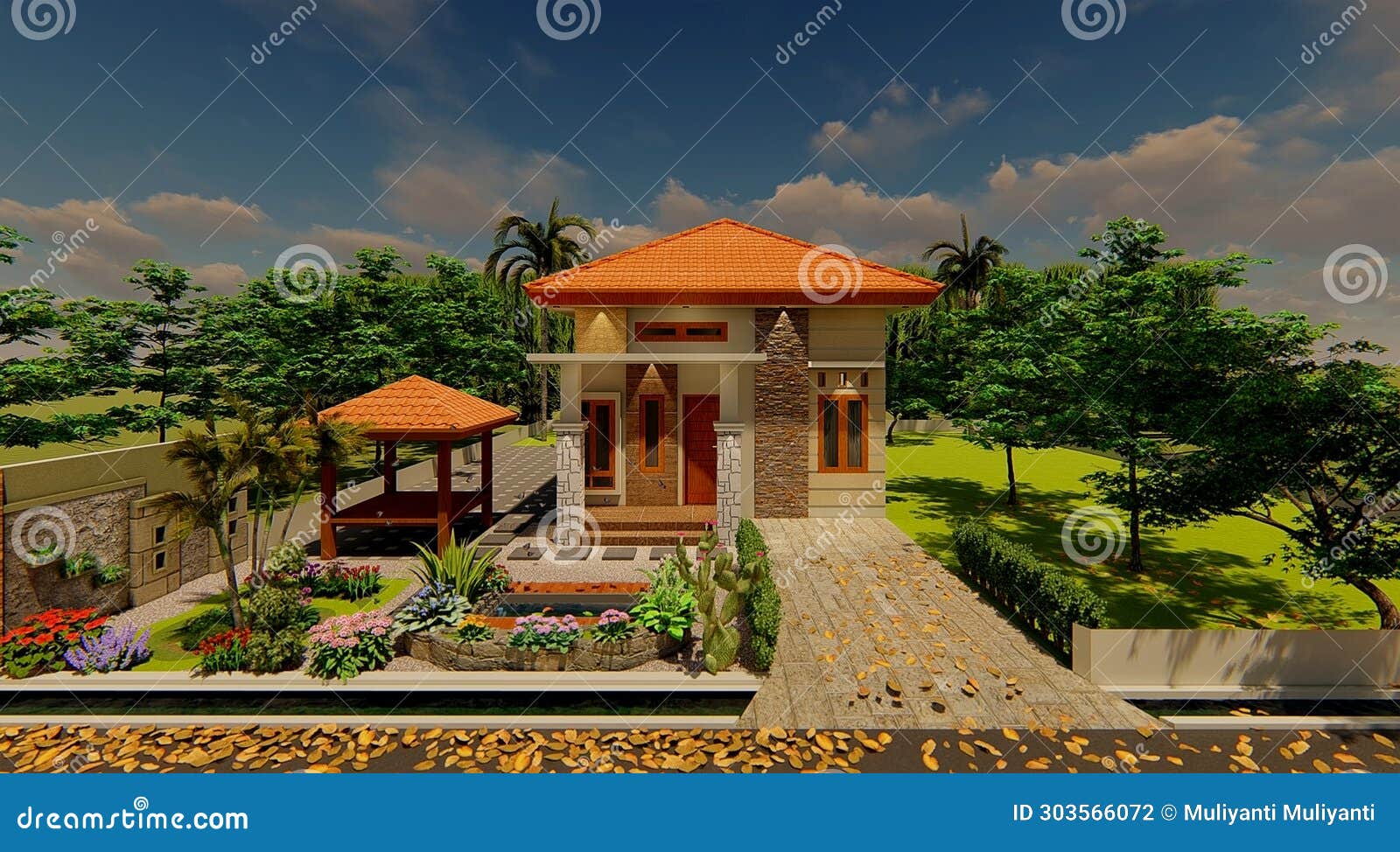 Day Render Front of 1 Story House 2 Stock Illustration - Illustration ...
