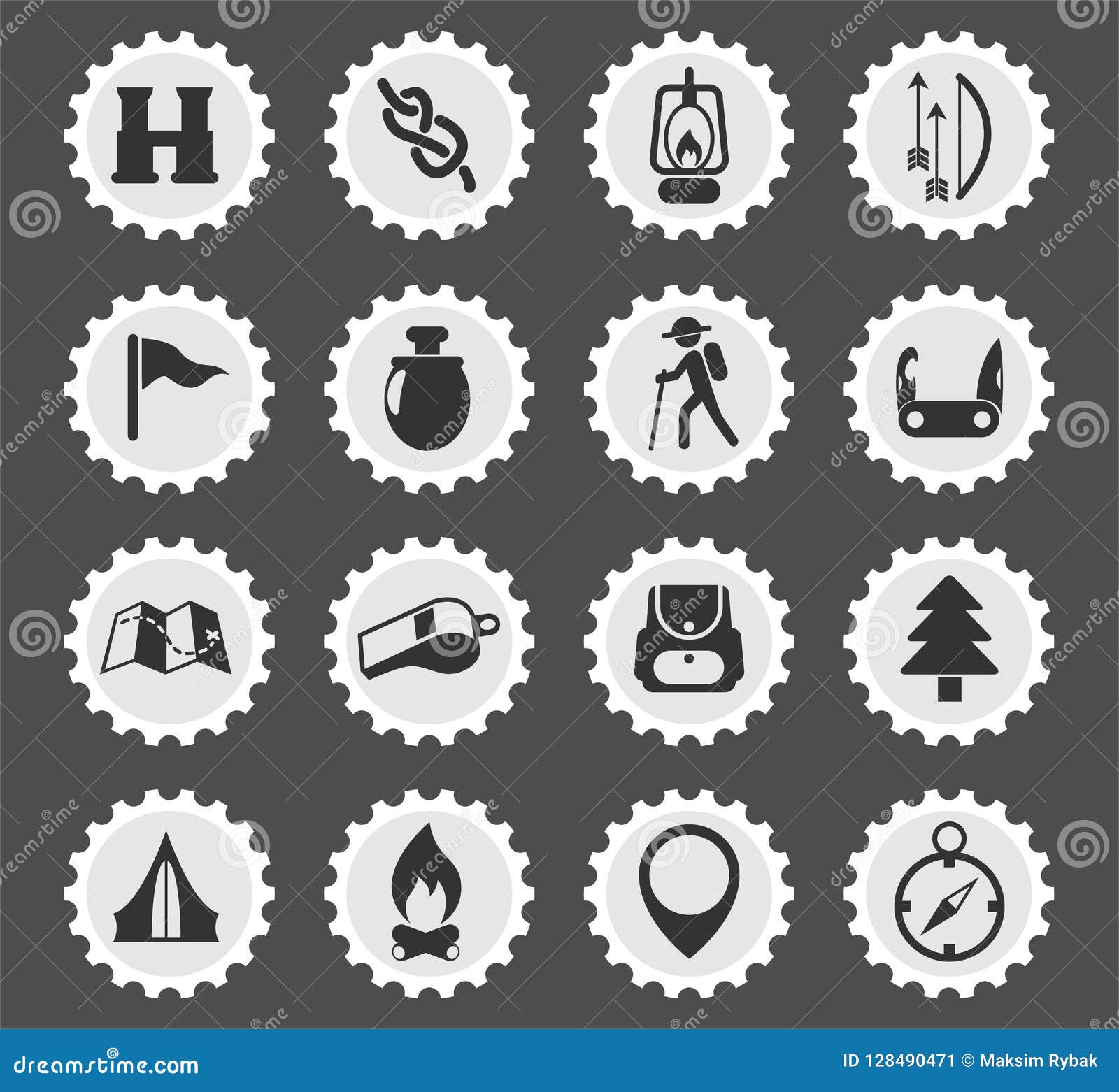 Day of scouts icon set stock vector. Illustration of backpack - 128490471