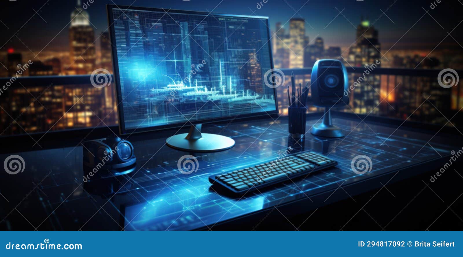 Day Trade in a Modern Office, Computer with Graphics, Blue and Black ...