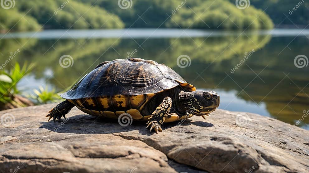 A Day of Tranquility: a Musk Turtle Basking by the Lake Stock ...