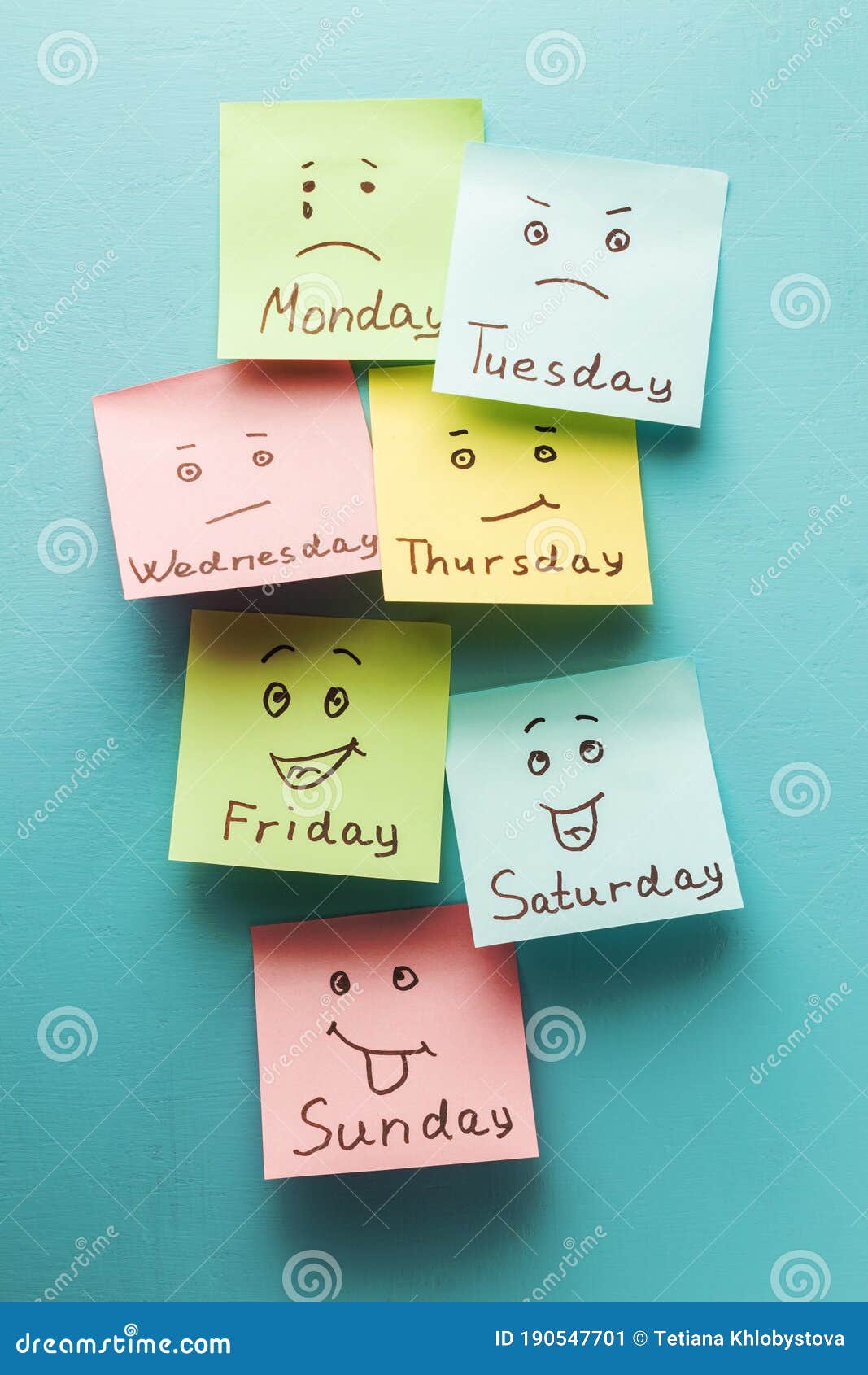 Day of Week and Face Expression. Colored Stickers on a Blue Background ...
