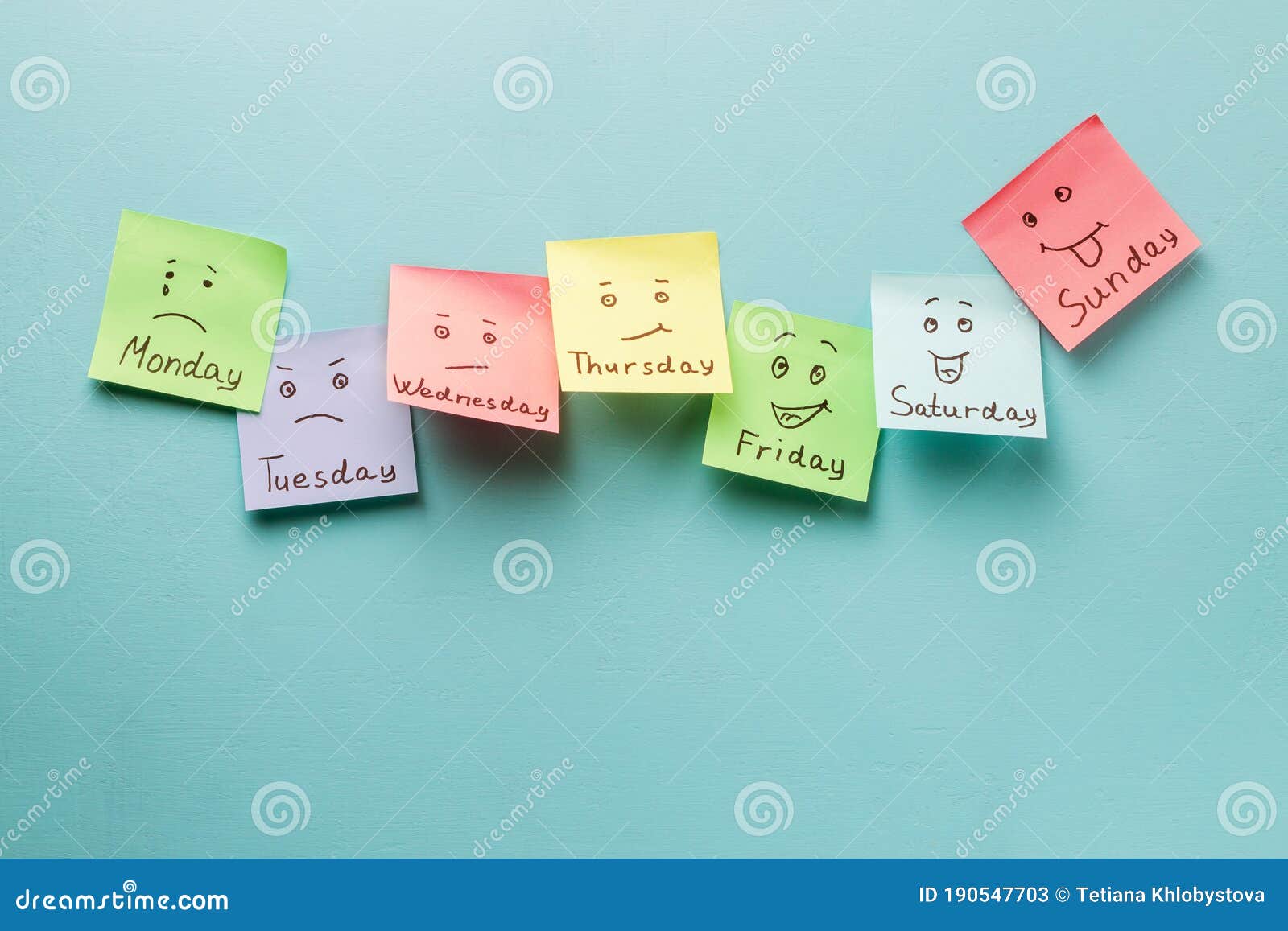 Day of Week and Face Expression. Colored Stickers on a Blue Background ...