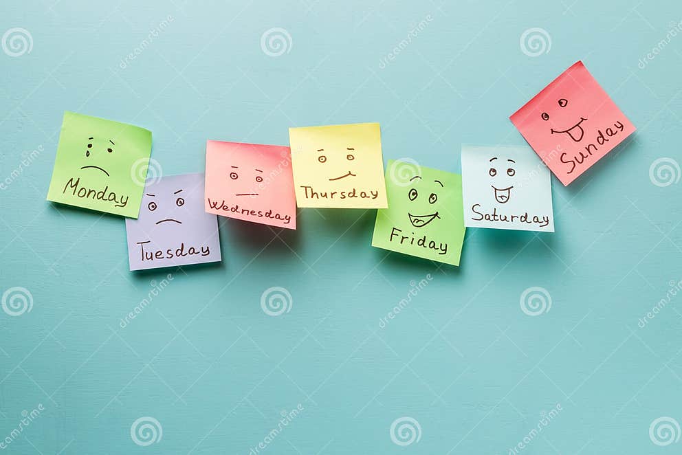 Day of Week and Face Expression. Colored Stickers on a Blue Background ...