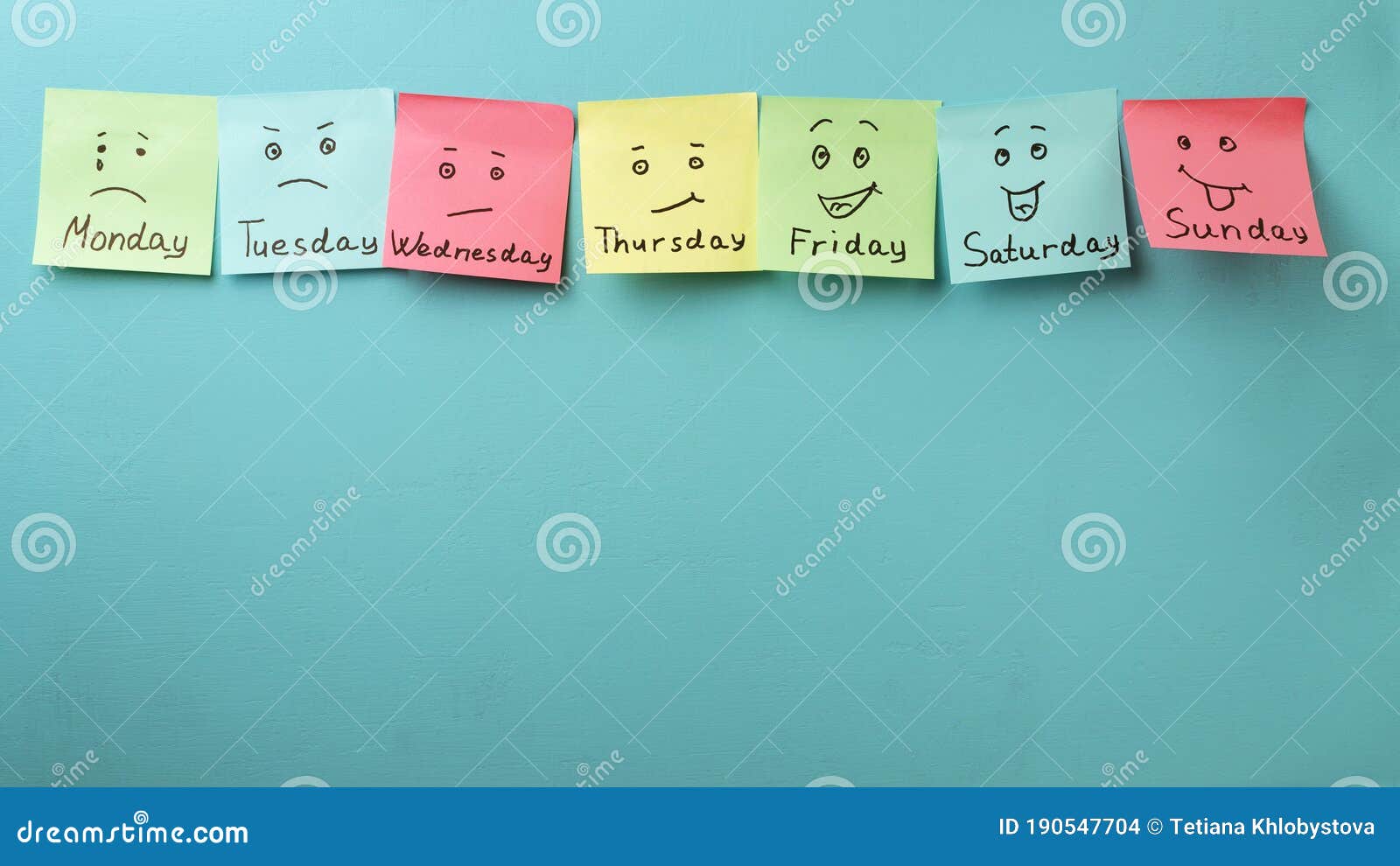 Day of Week and Face Expression. Colored Stickers on a Blue Background ...