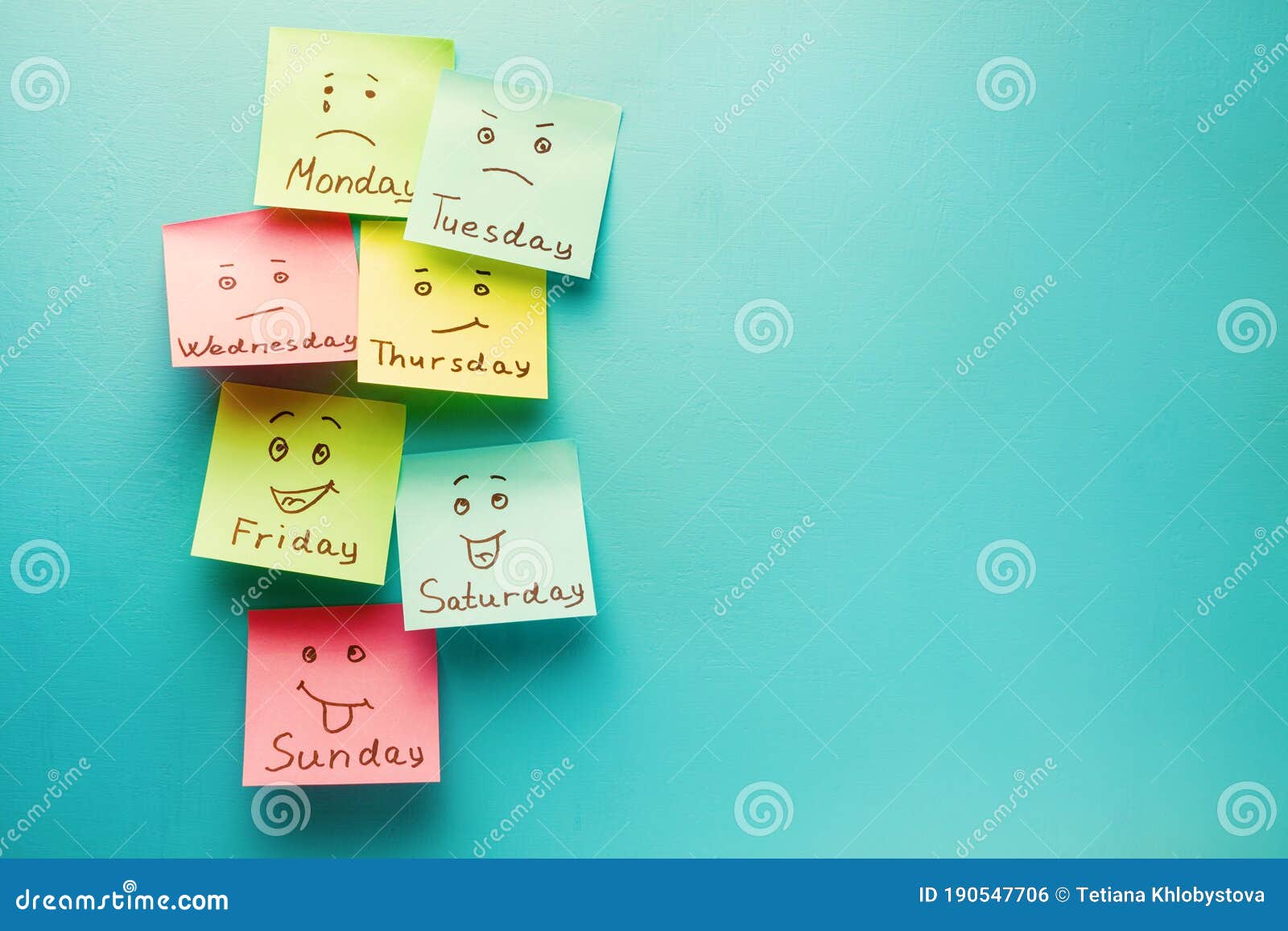 Day of Week and Face Expression. Colored Stickers on a Blue Background ...