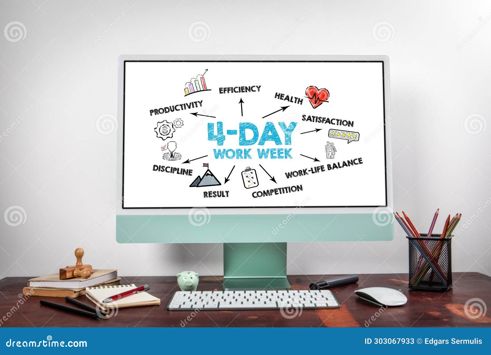 4-day Work Week. Illustration with Icons, Keywords and Arrows Stock ...
