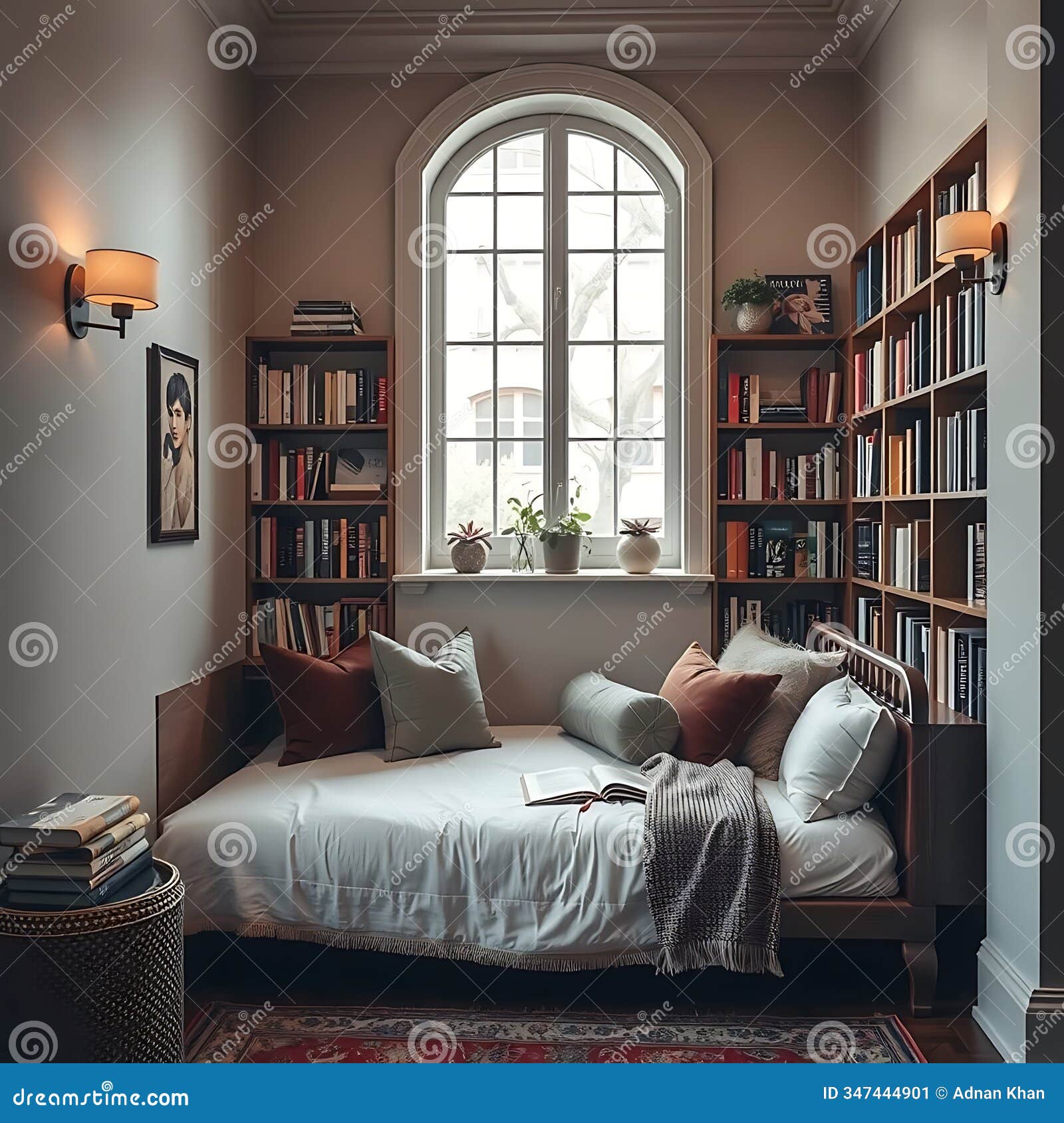Daybed in a Cozy Library Corner with Bookshelves Soft Lighting and a ...