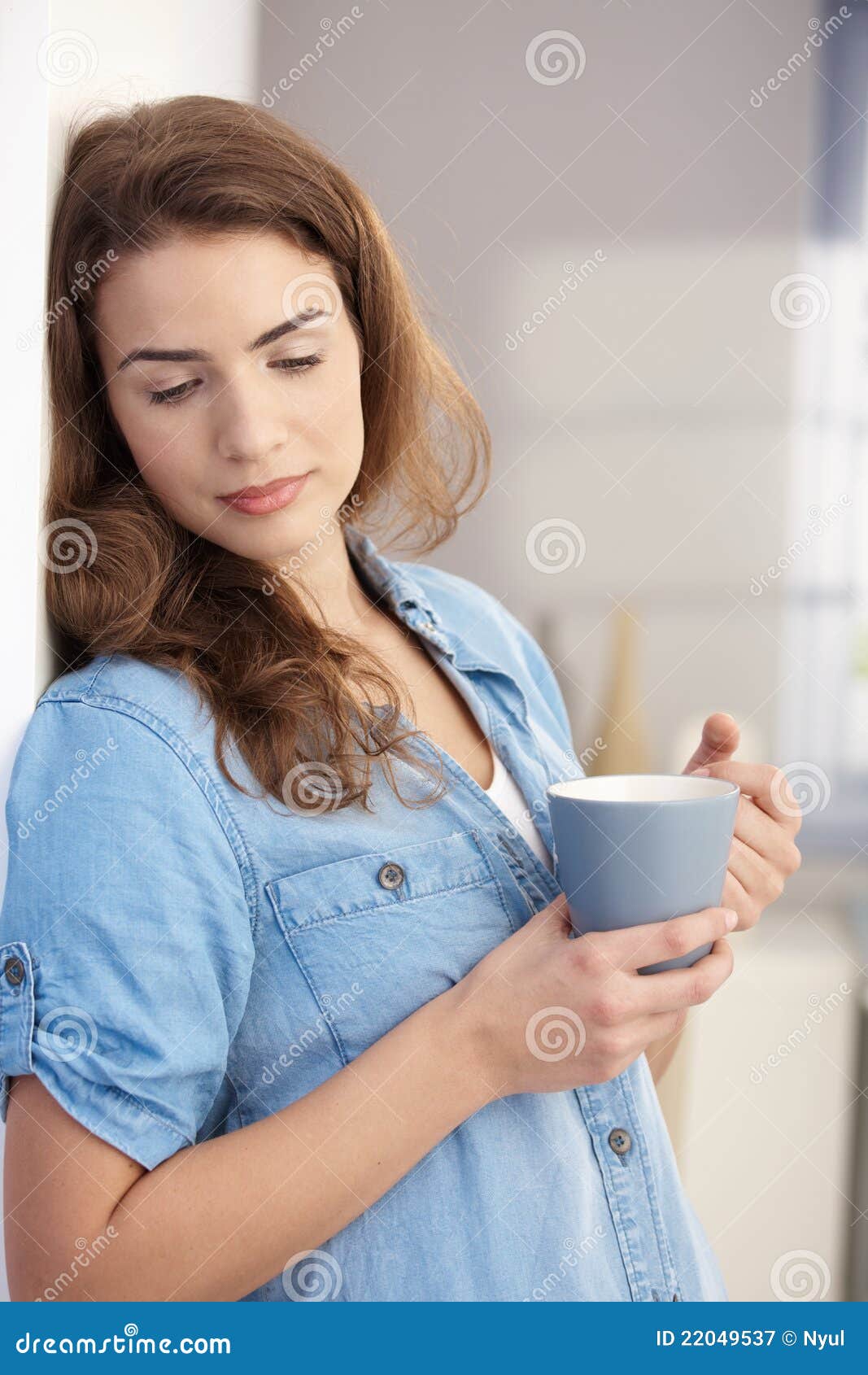 Daydreaming Woman Drinking Tea at Home Stock Image - Image of american ...