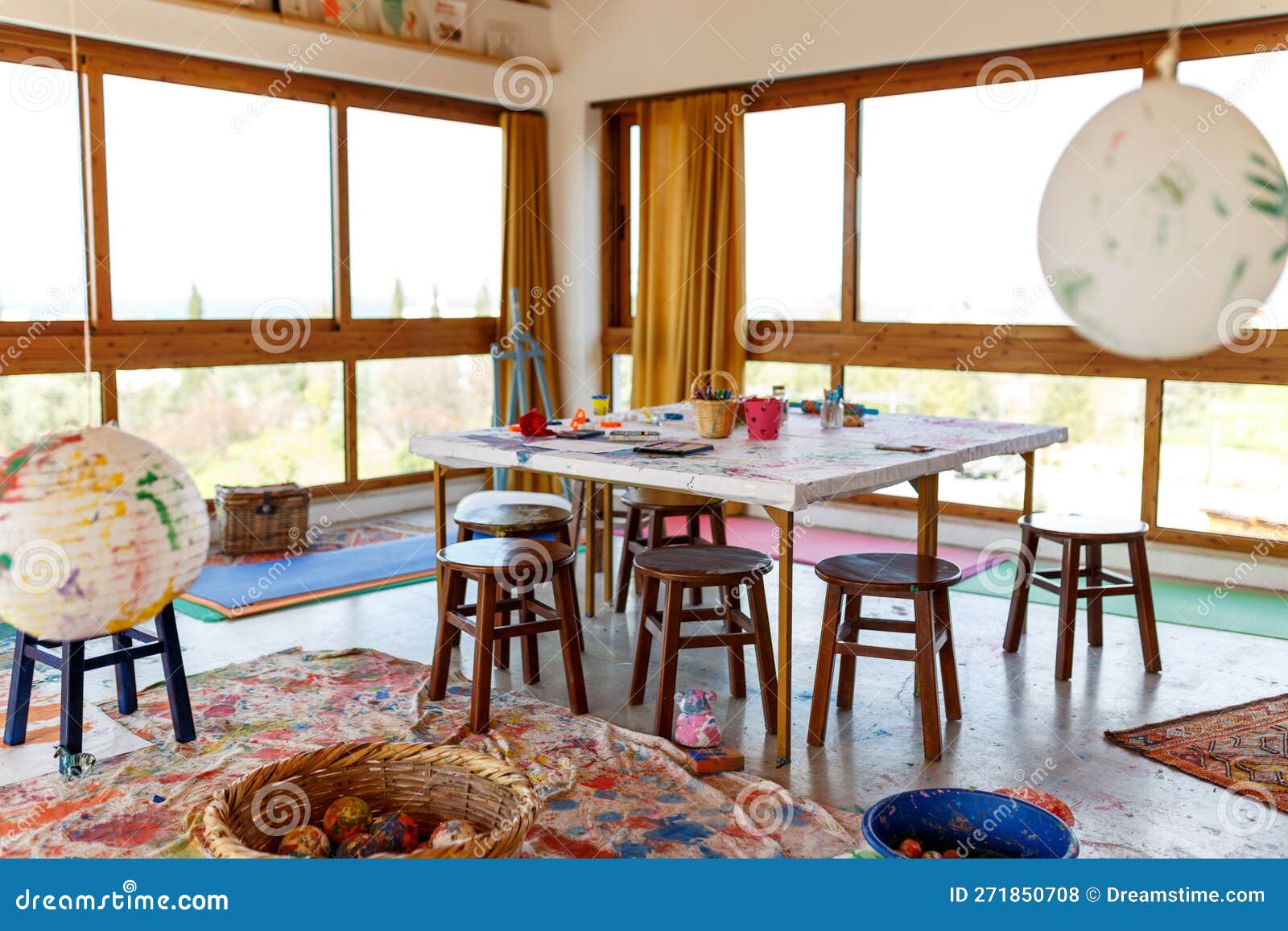 Daylight Art Studio Interior with Large Windows, Multiple Stretched ...