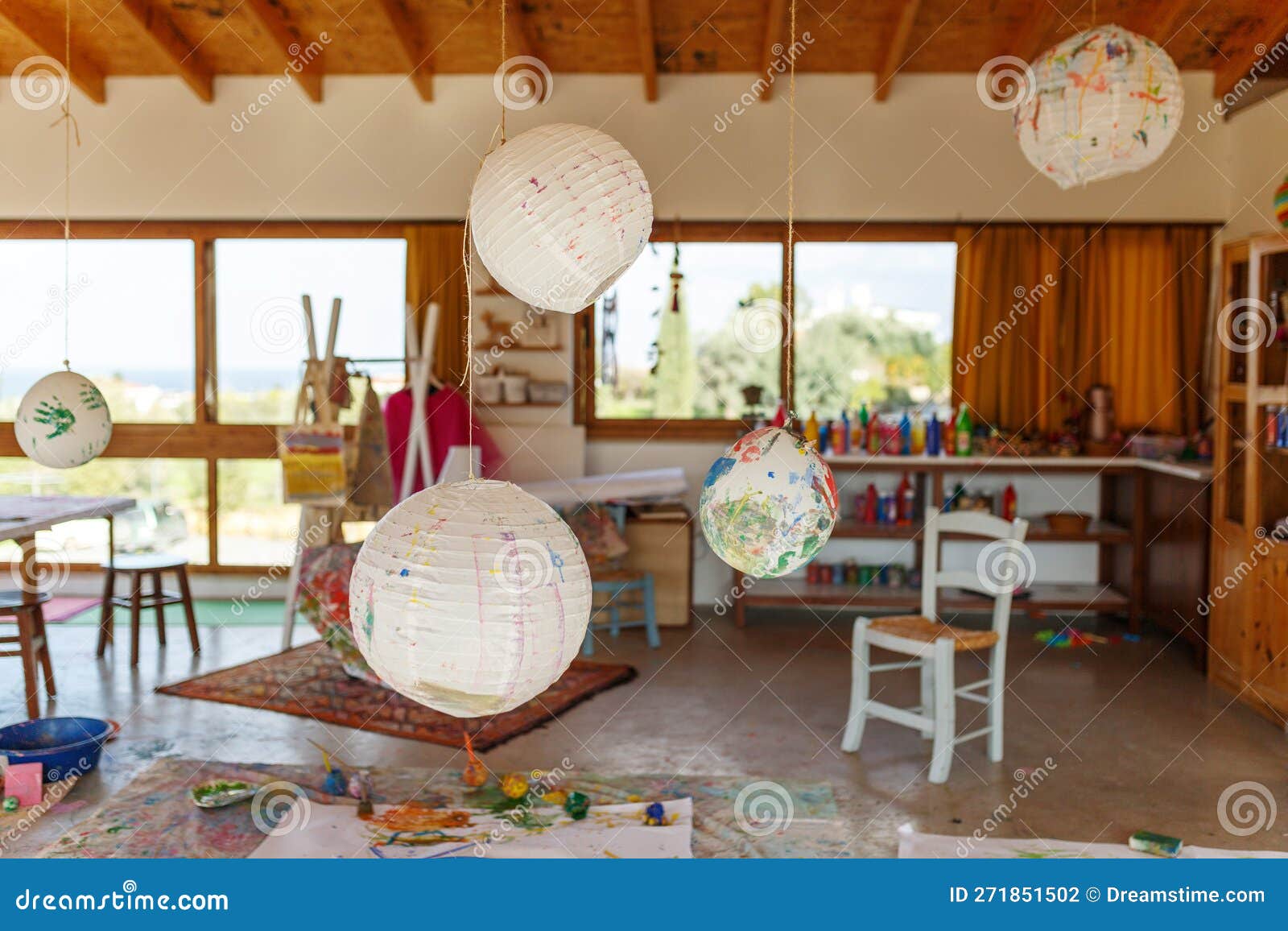 Daylight Art Studio Interior with Large Windows, Multiple Stretched ...