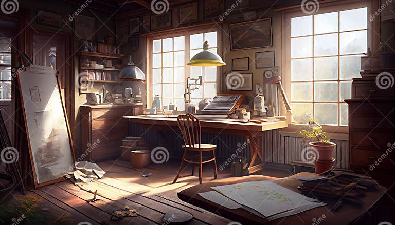 Daylight Art Studio Interior with Large Windows, Multiple Stretched ...