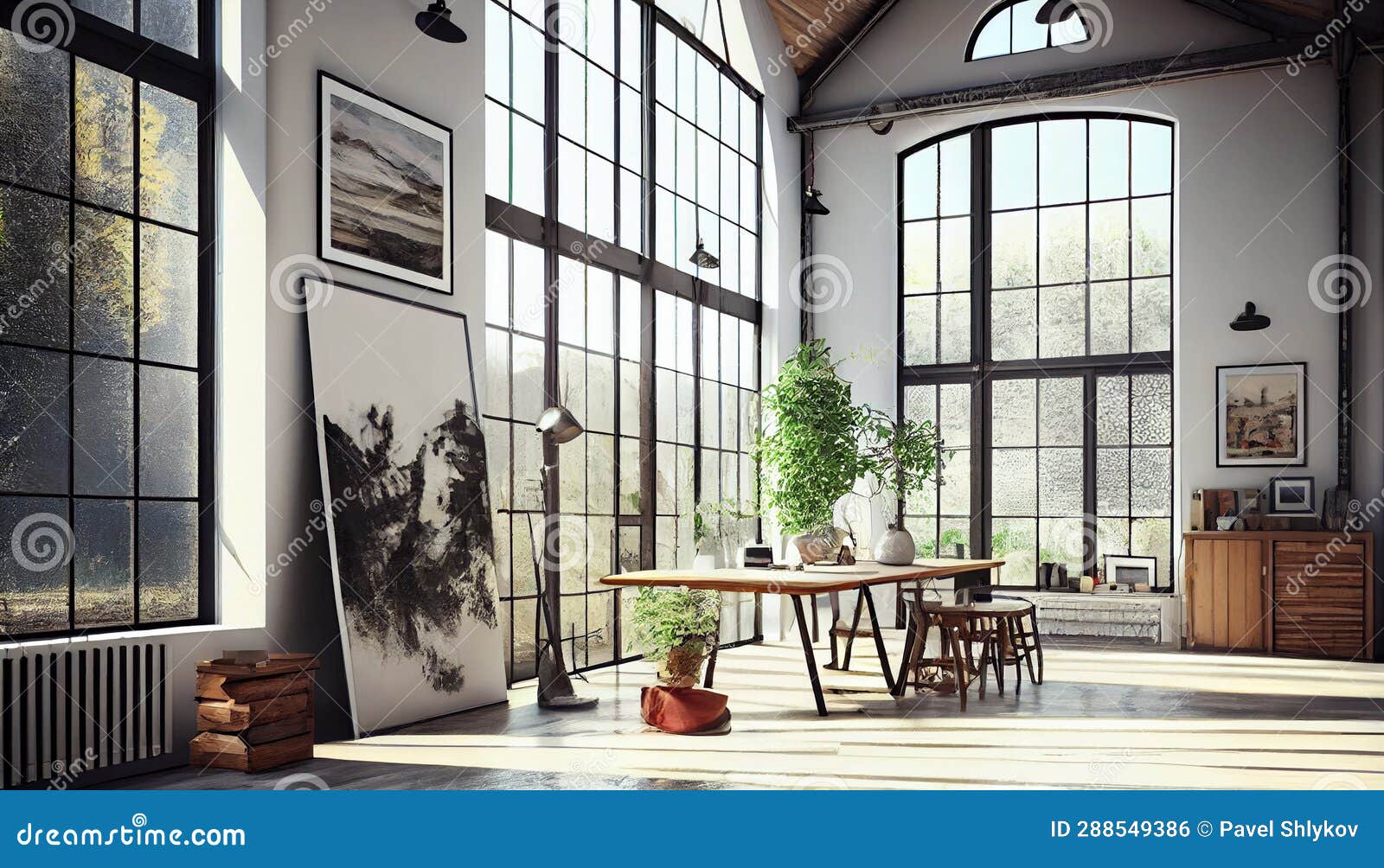 Daylight Art Studio Interior with Large Windows, Multiple Stretched ...