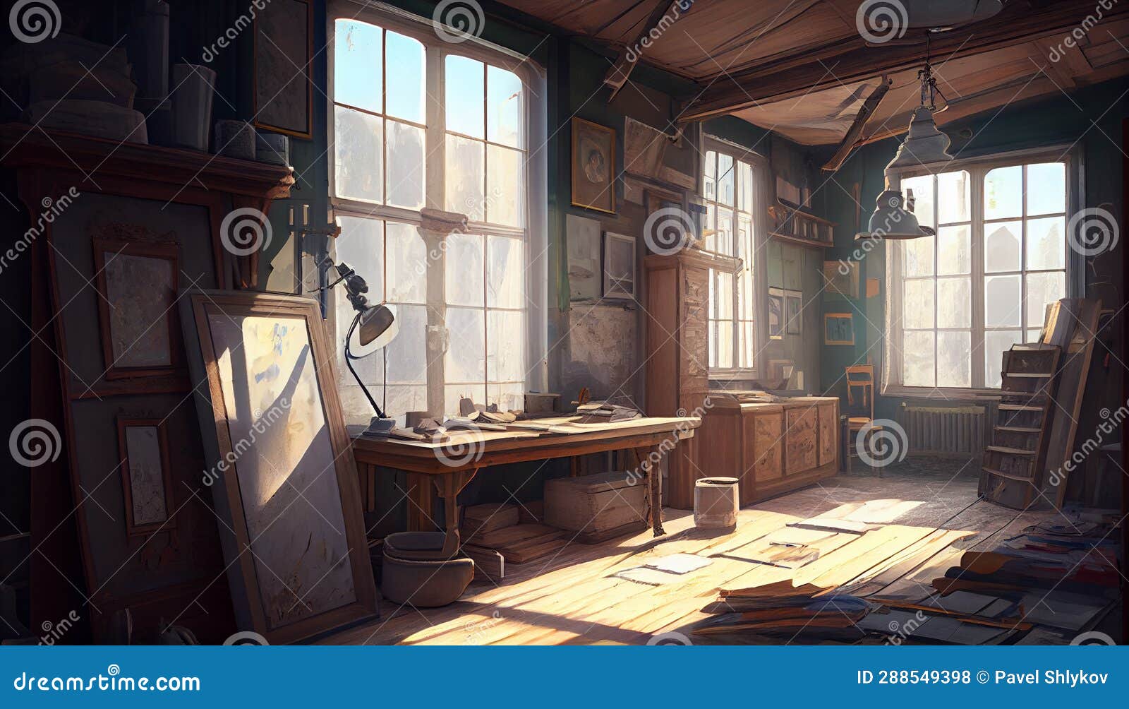 Daylight Art Studio Interior with Large Windows, Multiple Stretched ...