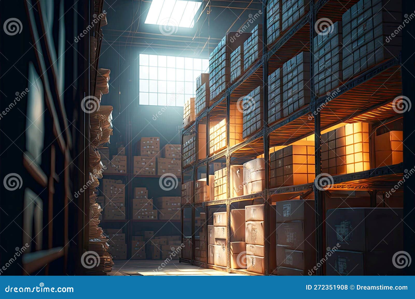 Daylight-lit Racks with Boxes and Case in Warehouse Stock Illustration ...