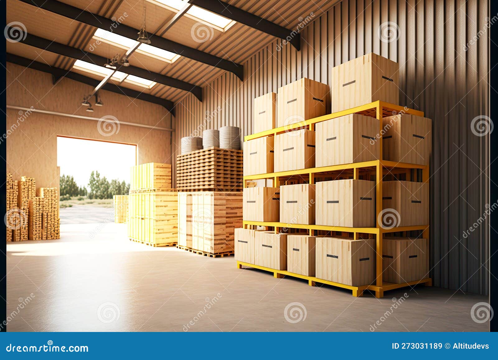 Daylight-lit Racks with Boxes and Case in Warehouse Stock Illustration ...